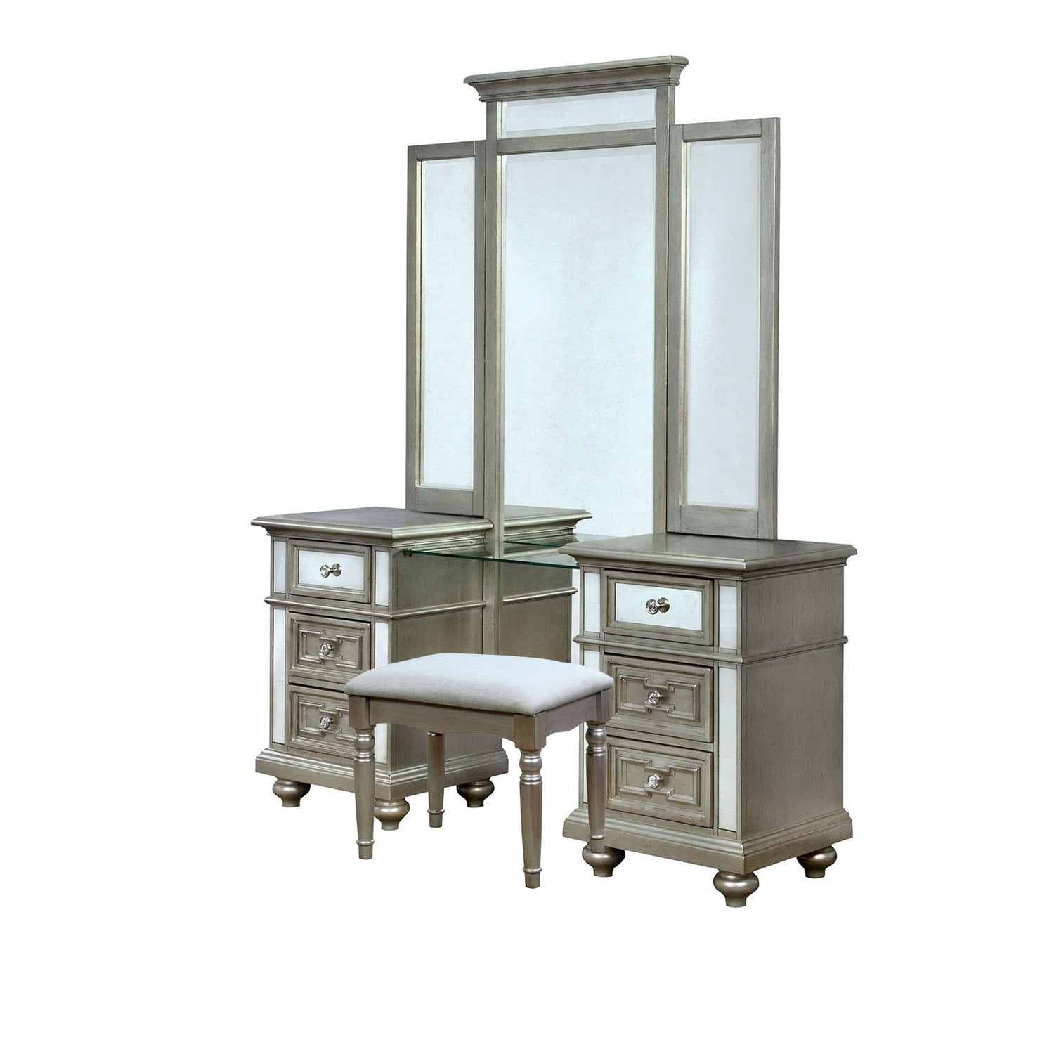 3 Piece Vanity Set with Mirror Inserts and Tri Fold Mirror Silver ...