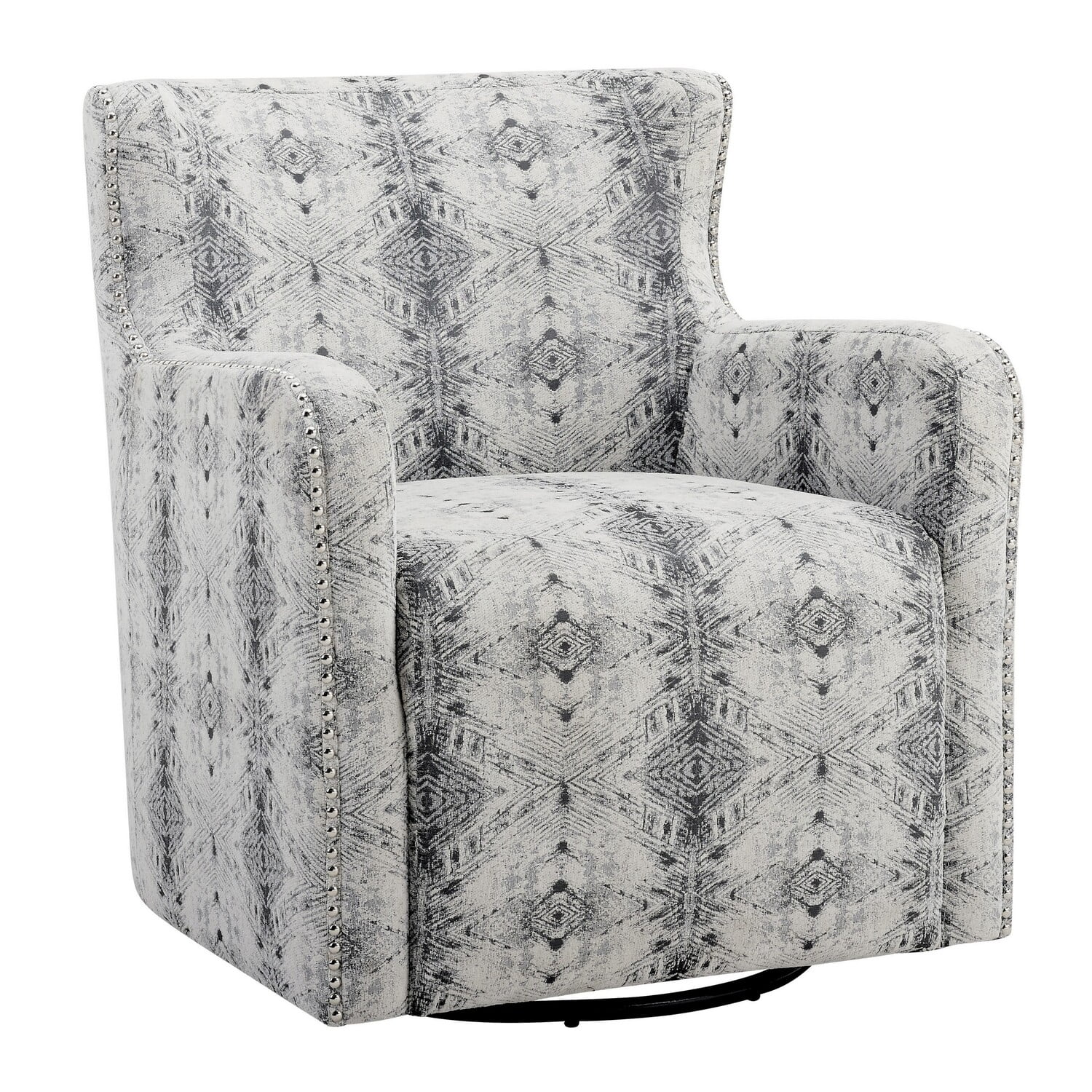 32 Inch Swivel Accent Chair, Gray Black Patterned Polyester, Solid Wood ...