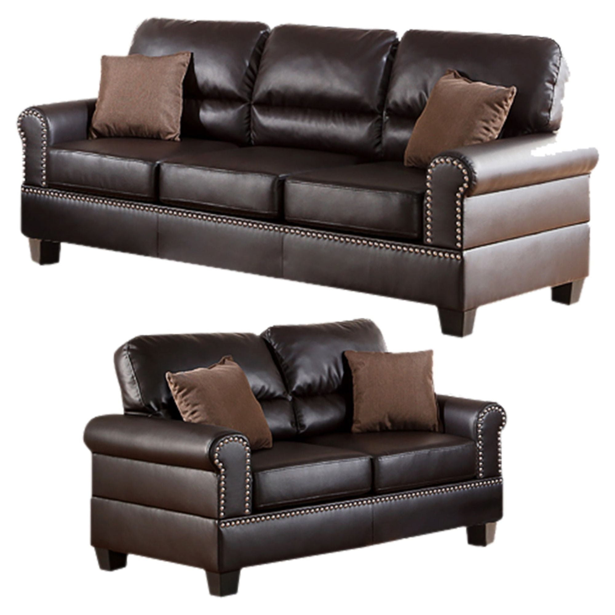 "Benjara 35"" 2-Piece Brown Couch Furniture - Modern Bonded Leather ...