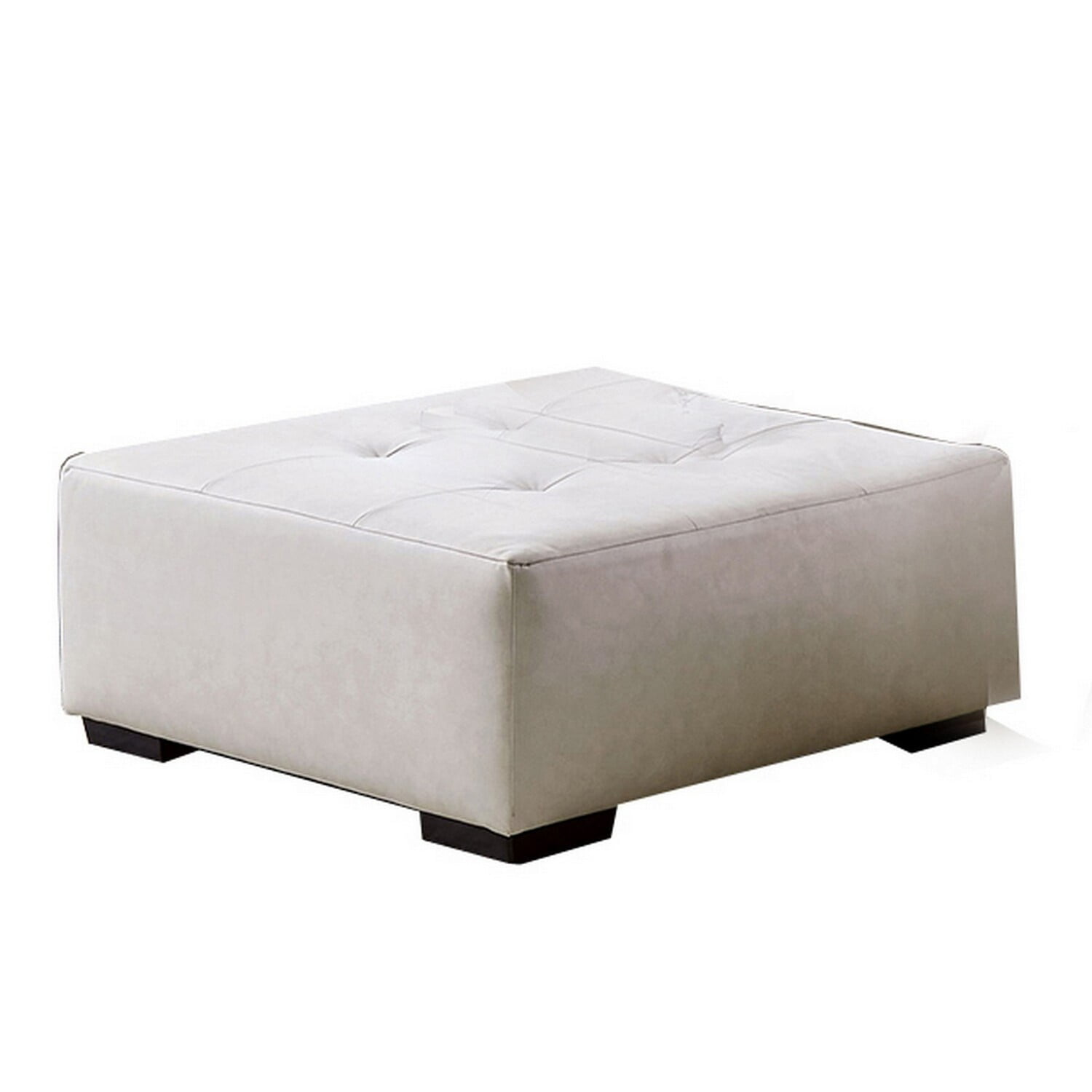 38 Inch Square Ottoman, White Faux Leather, Button Tufted, Wooden Legs ...