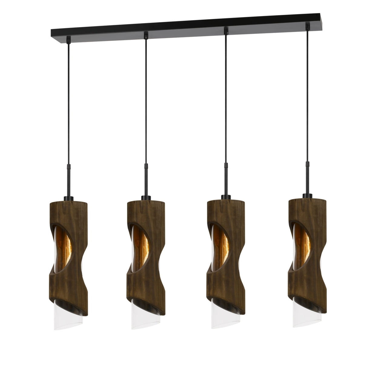 4 Light Metal Frame Pendant Fixture with Wooden and Glass Shades, Brown ...
