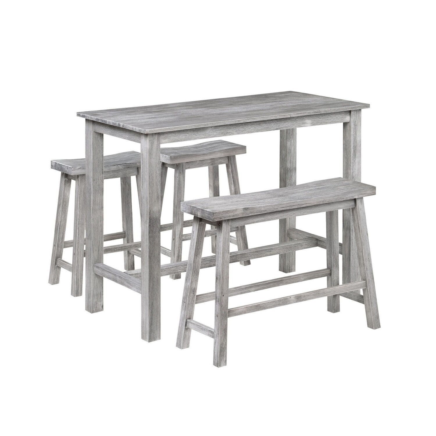 Benjara 4 Piece Wooden Pub Table with Saddle Stools and Bench, Gray ...