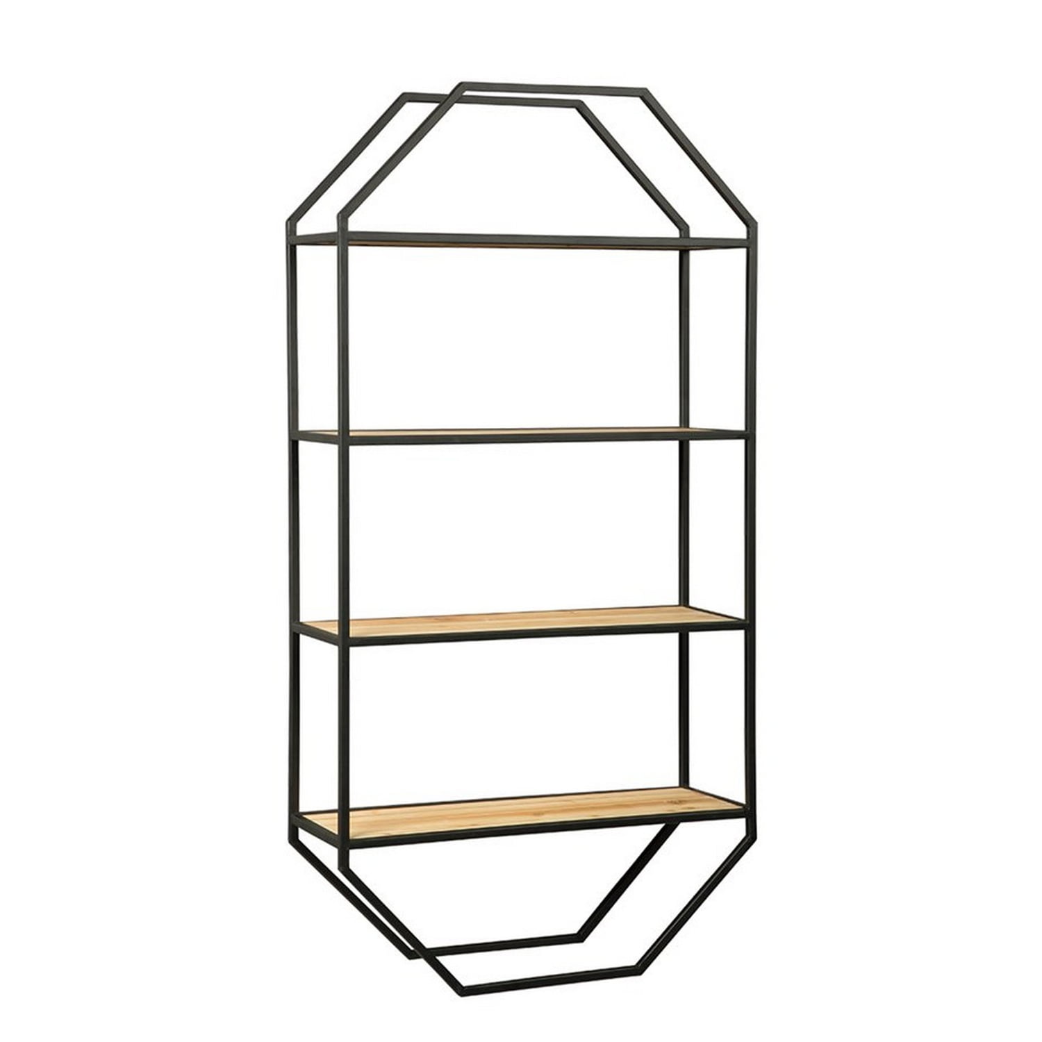 4 Tier Wooden Wall Shelf with Octagonal Open Metal Frame, Black ...