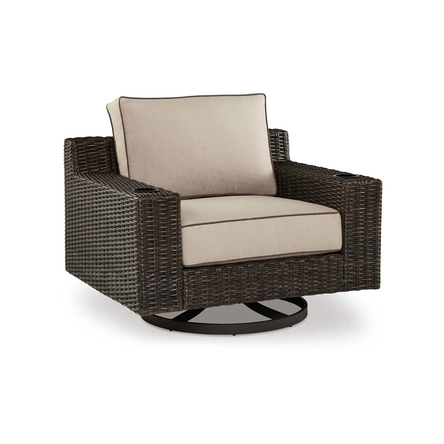 Benjara Waga 43 Inch Outdoor Swivel Lounge Chair, Cupholder, Brown ...