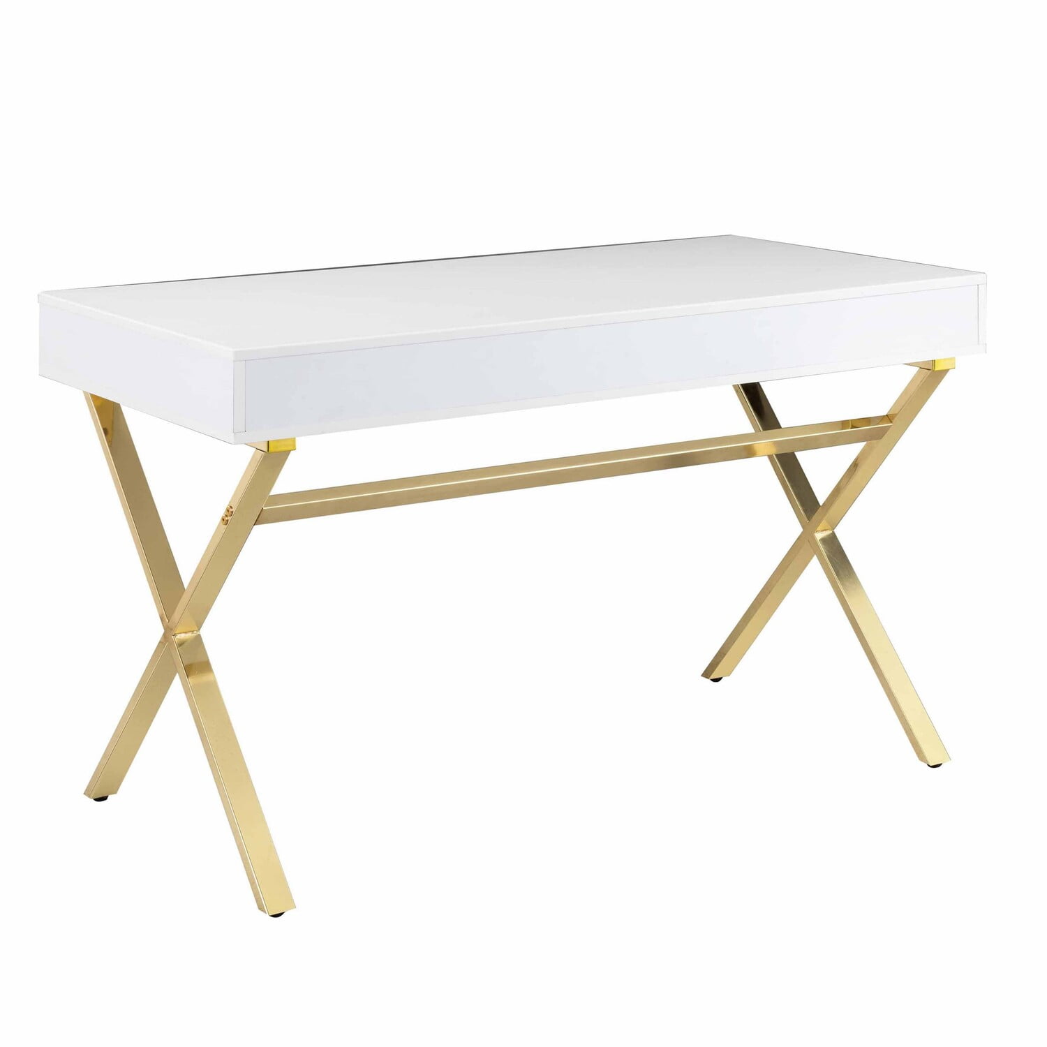 Benjara Gracie 47 Inch Desk, White Rectangular Top, 2 Drawers, Gold ...