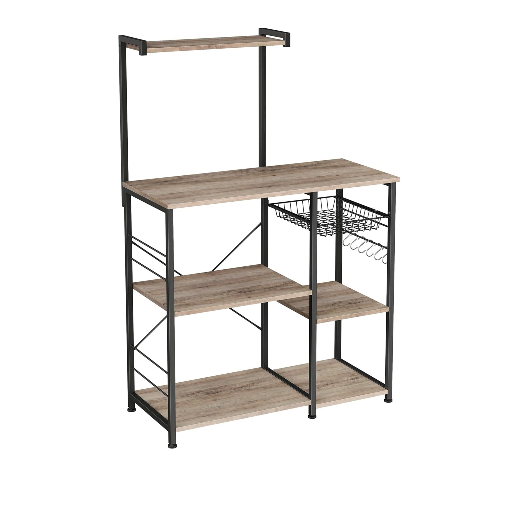 Elva 52 Inch Kitchen Rack, 4 Tier Shelves, Wire Basket, Brown Wood ...