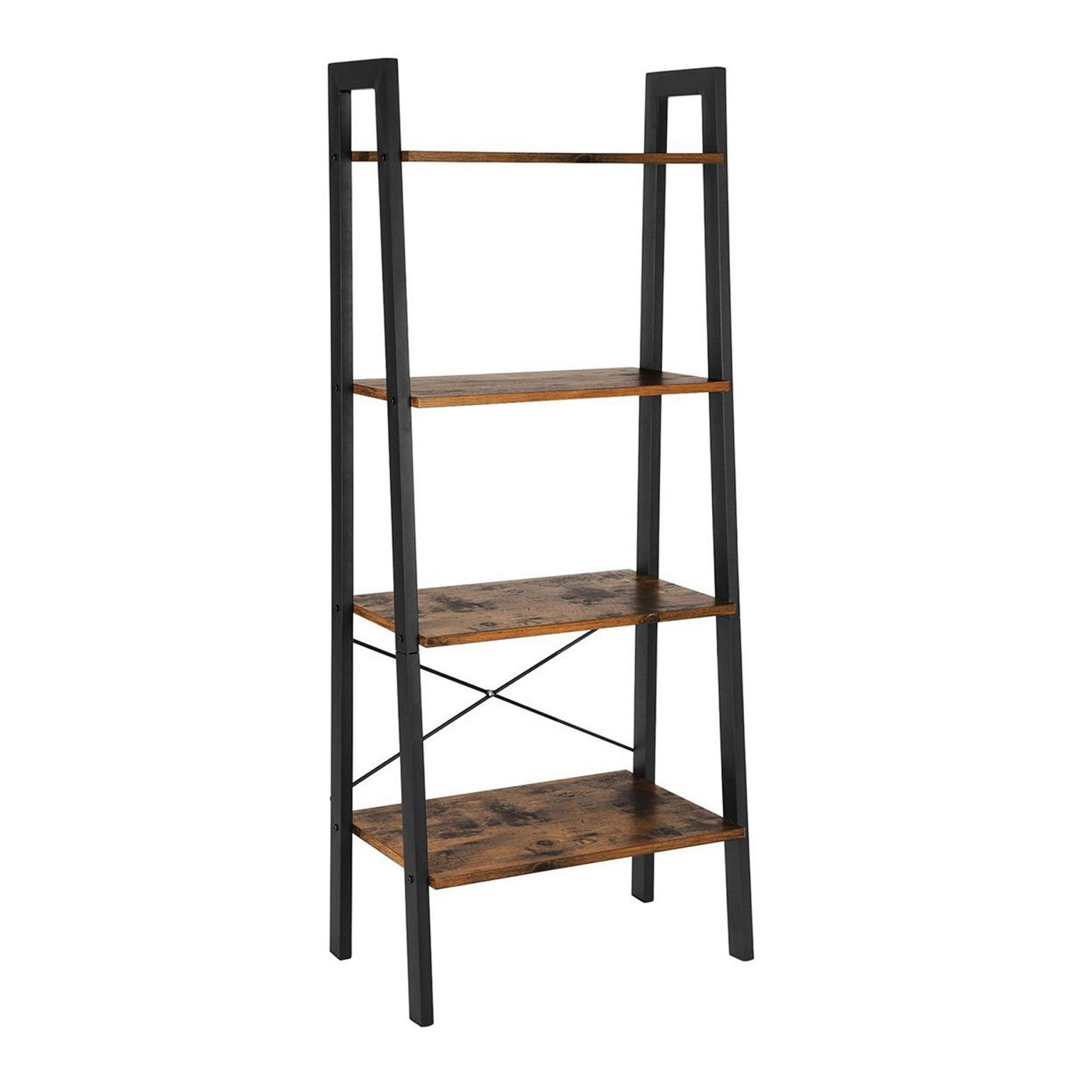 54 Inch Ladder Bookcase, 4 Tier Angled Wood Shelves, Black Iron Frame ...