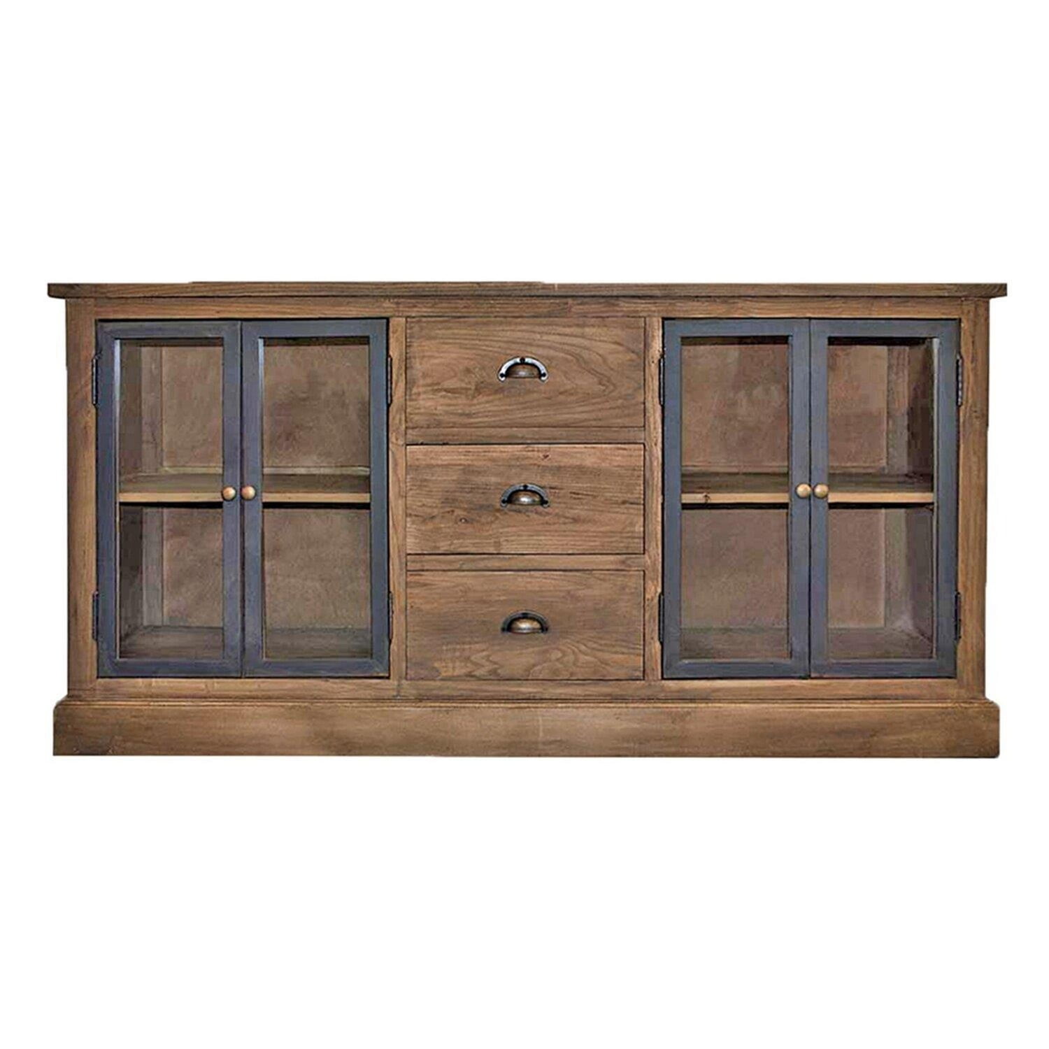 Benjara 64 Inch 3 Drawer Storage Cabinet, 2 Glass Doors, 2 Shelves ...