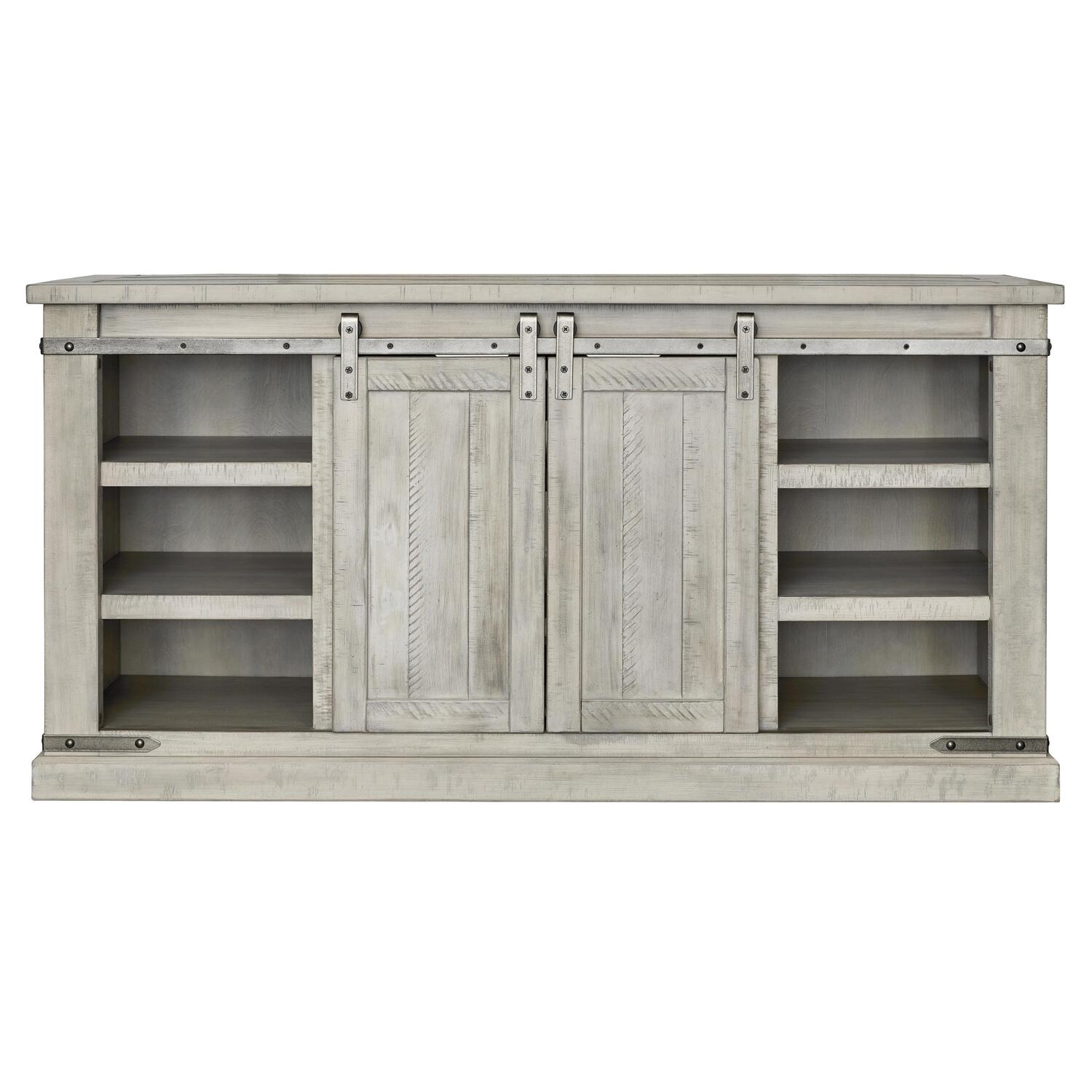 Benjara 64 Inch Wooden TV Stand with 2 Barn Sliding Doors and 6 Shelves ...