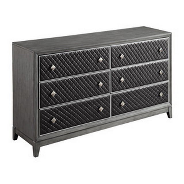 Stacy 64 Inch Dresser, 6 Faux Leather Upholstered Drawers, Gray Wood ...
