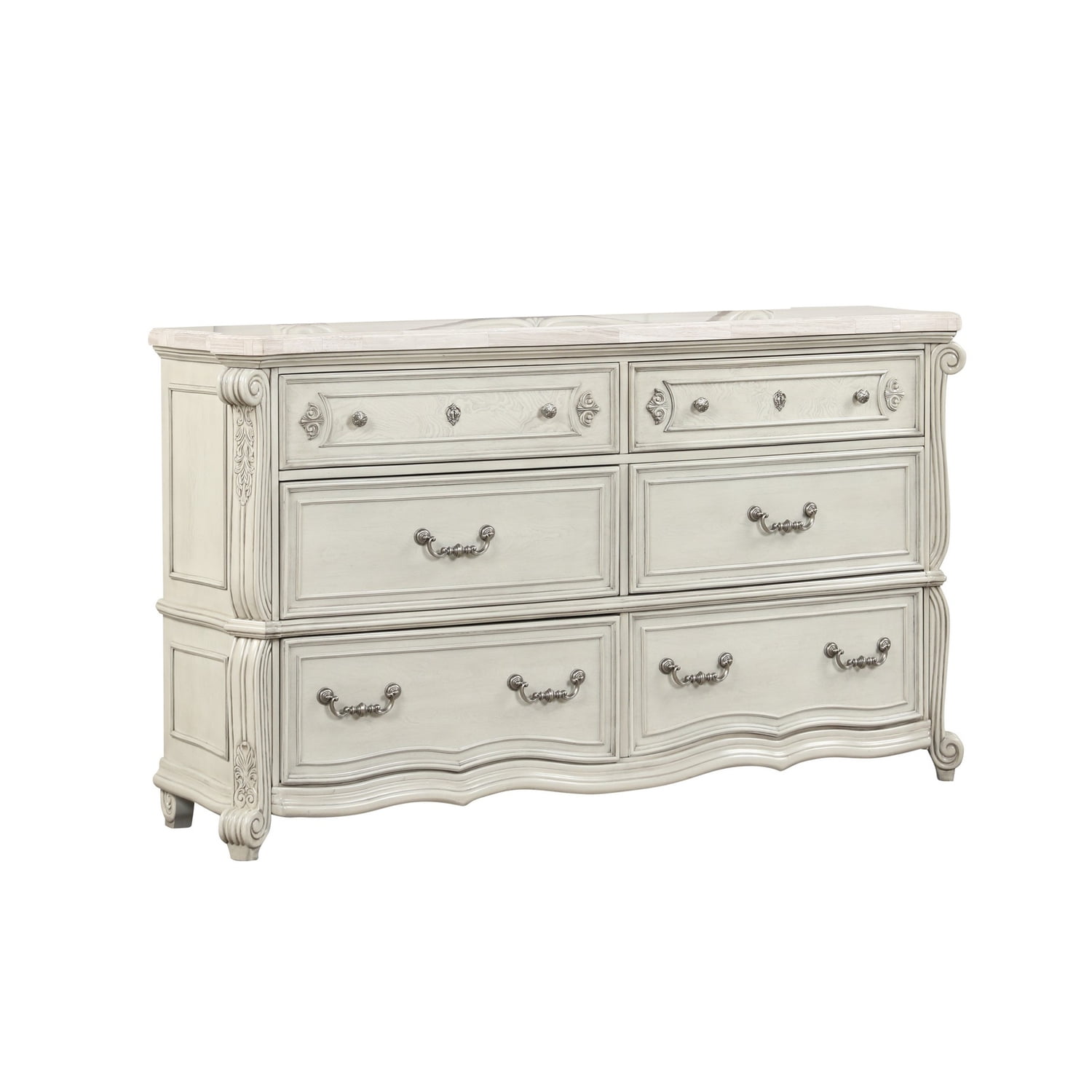 Benjara Ellia 68 Inch Wide Dresser, Scrolled, 6 Drawers, Vintage Ivory ...