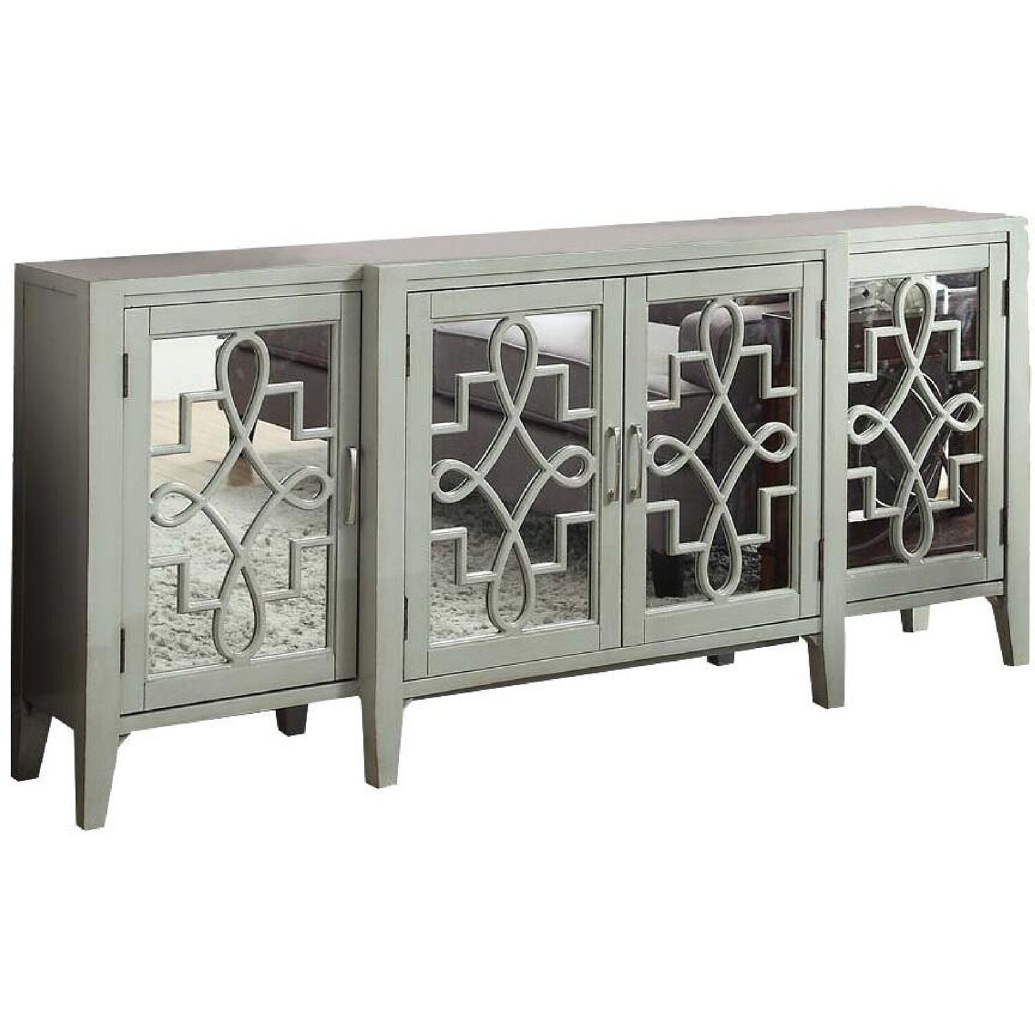 Benjara 72 Inch Console Table, 3 Mirror Doors, Lattice Design, Gray ...
