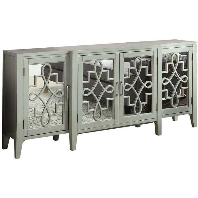 Benjara 72 Inch Console Table, 3 Mirror Doors, Lattice Design, Gray ...