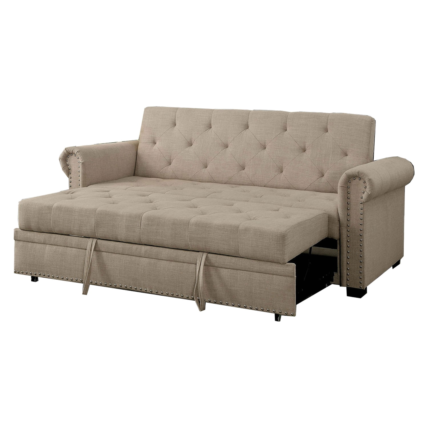 77 Inch Futon Sofa- Beige Fabric- Nailhead Trim- Rolled Arms - Walmart.com