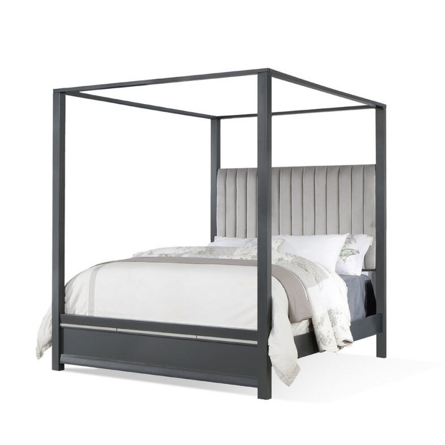 Benjara Abby Queen Canopy Bed, Mirrored Trim, Gray Velvet Channel ...