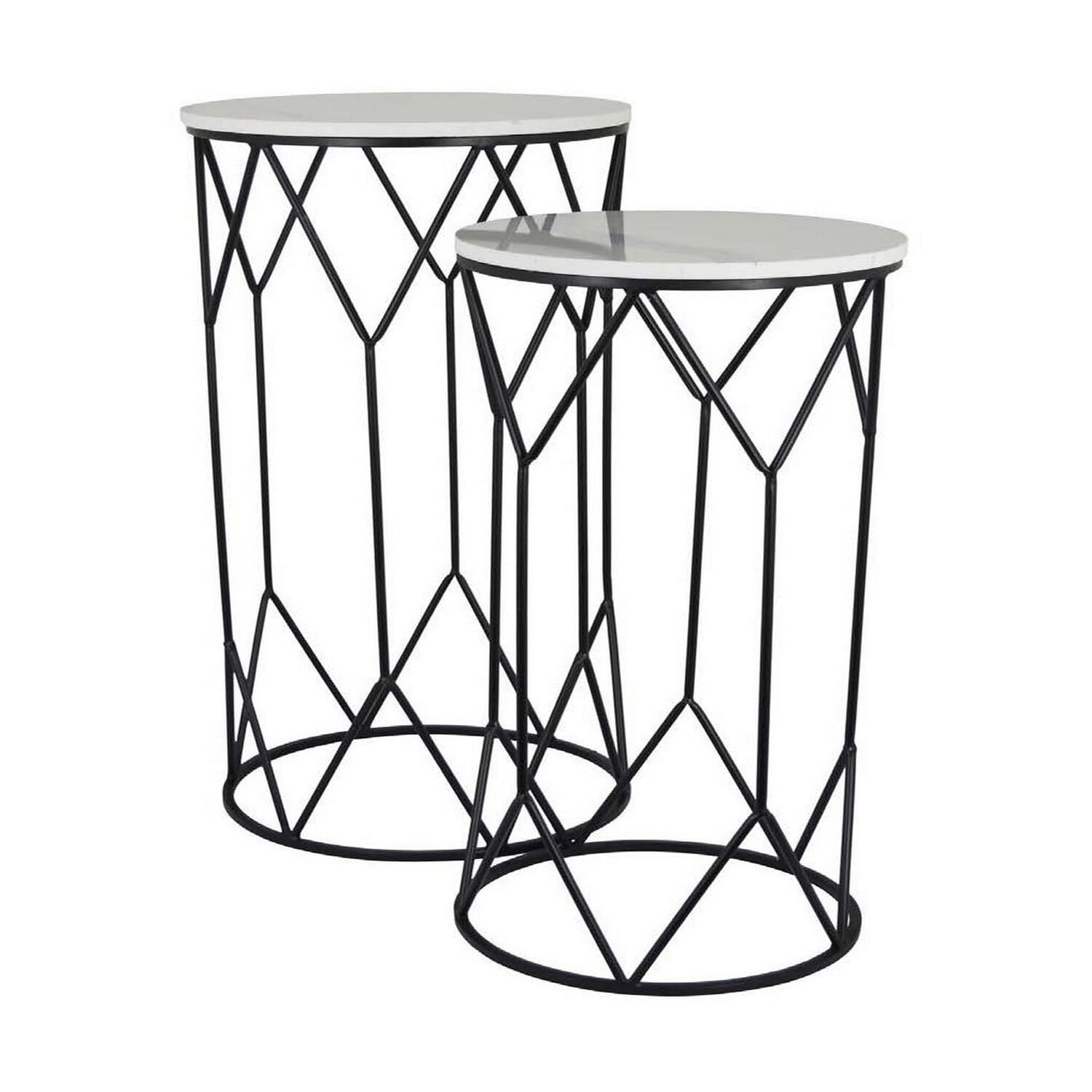 Benjara Accent Table Set of 2, Round Marble Top, Geometric Black Metal ...