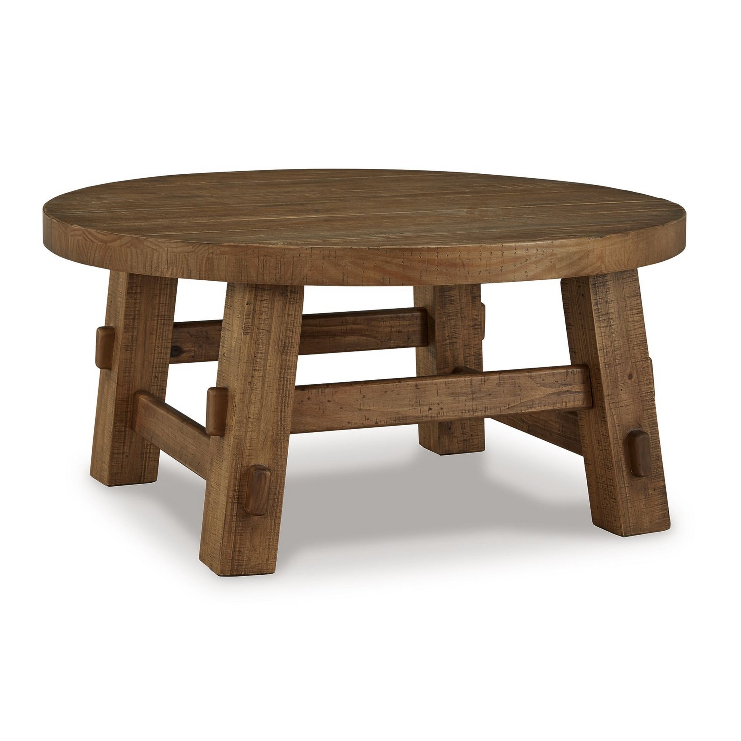 Ack Round Cocktail Coffee Table, Block Legs, 40 Inch Brown Pine Wood ...
