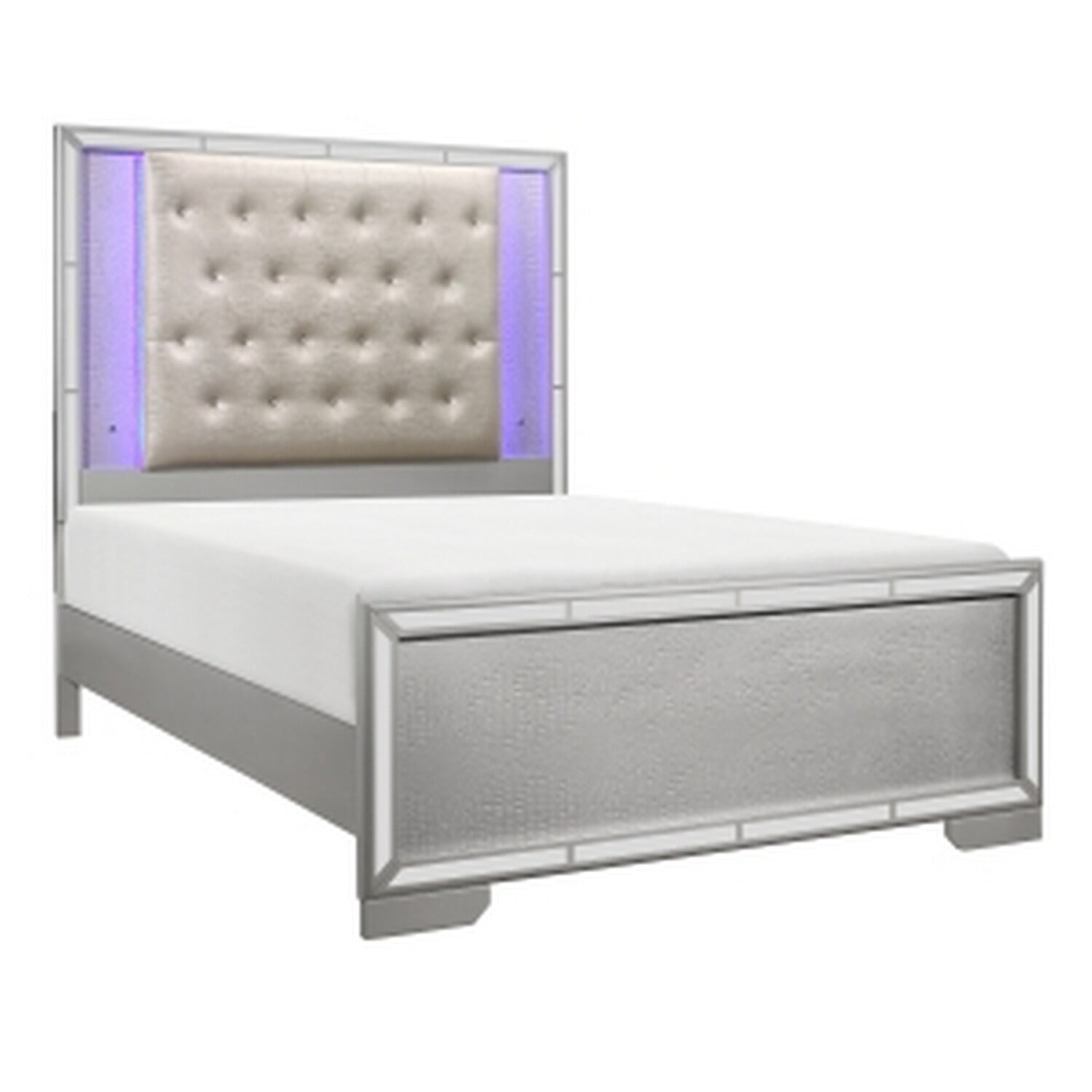 Benjara Aisha Queen Bed, LED Backlight Headboard, Mirror Trim, Silver ...