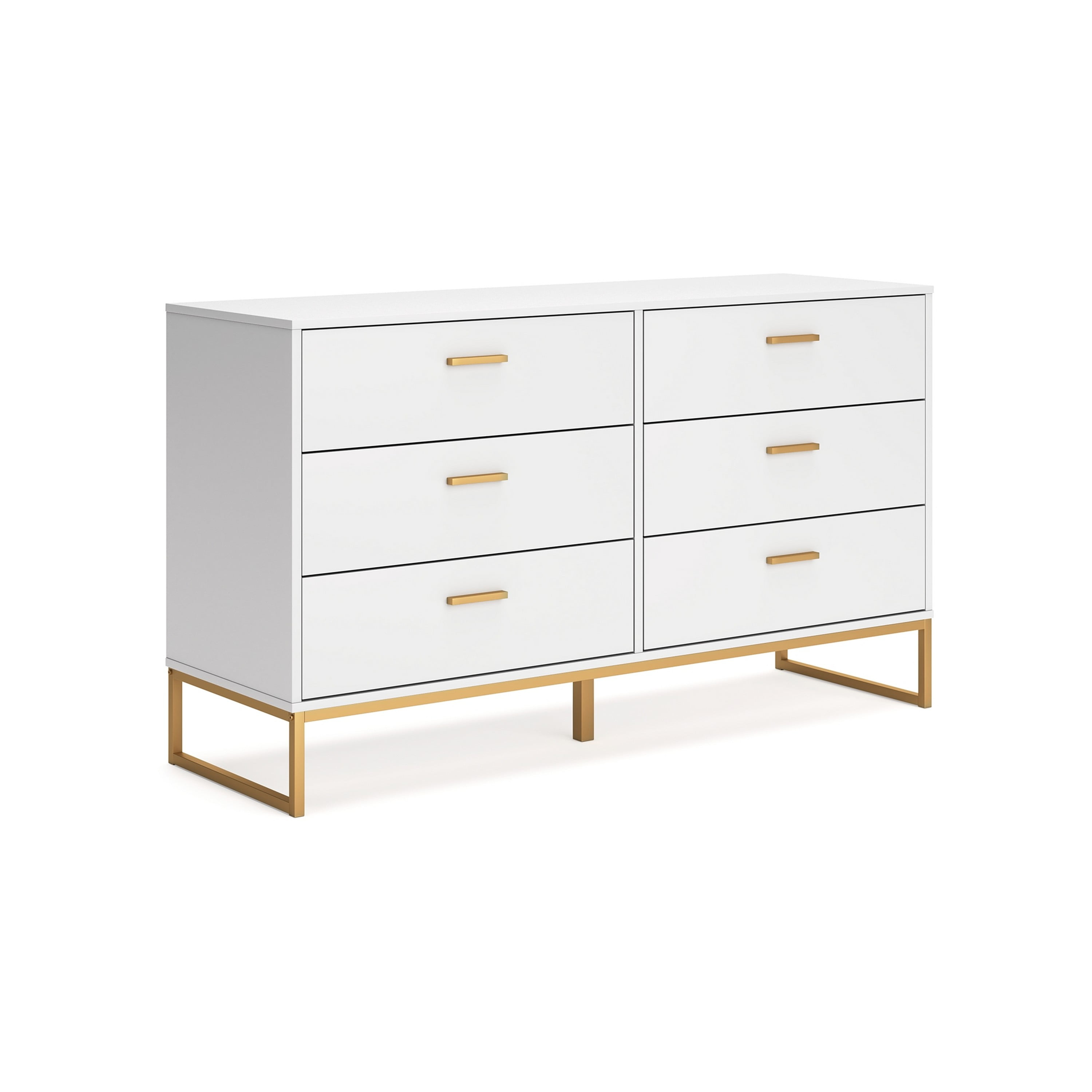 Alli Wide Dresser, 6 Drawers, Matte White Wood, Gold Metal, 59 Inch ...