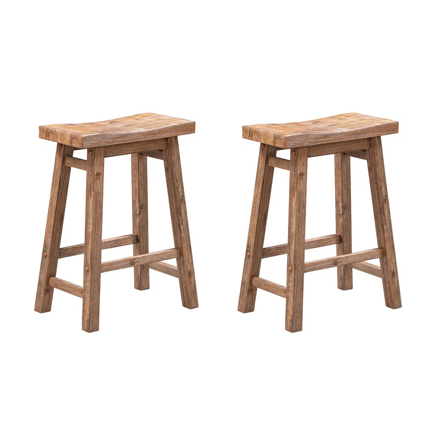 Benjara Amber 24 Inch Saddle Counter Stool, Set of 2, Classic Barnwood ...