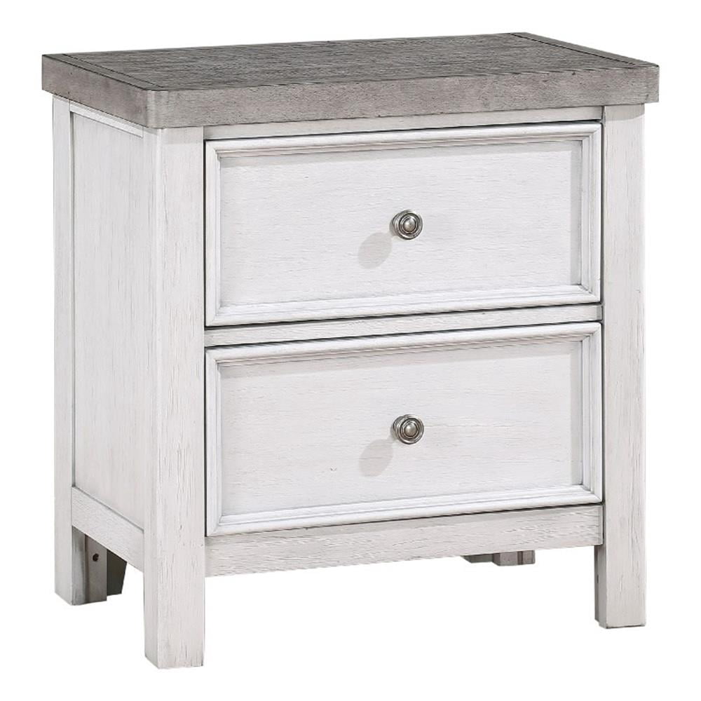 Amby Nightstand- 2 Drawers- Farmhouse Antique White- Gray Acacia Wood ...