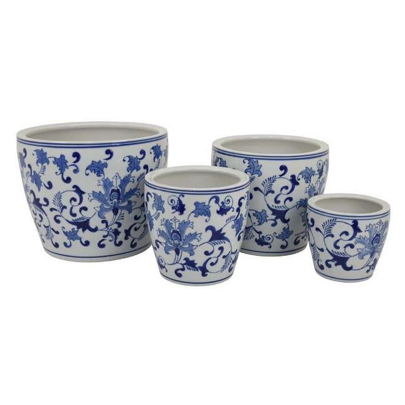 Ame Set of 4 Flower Pots, Round Top Shape, Blue Floral Print, White ...