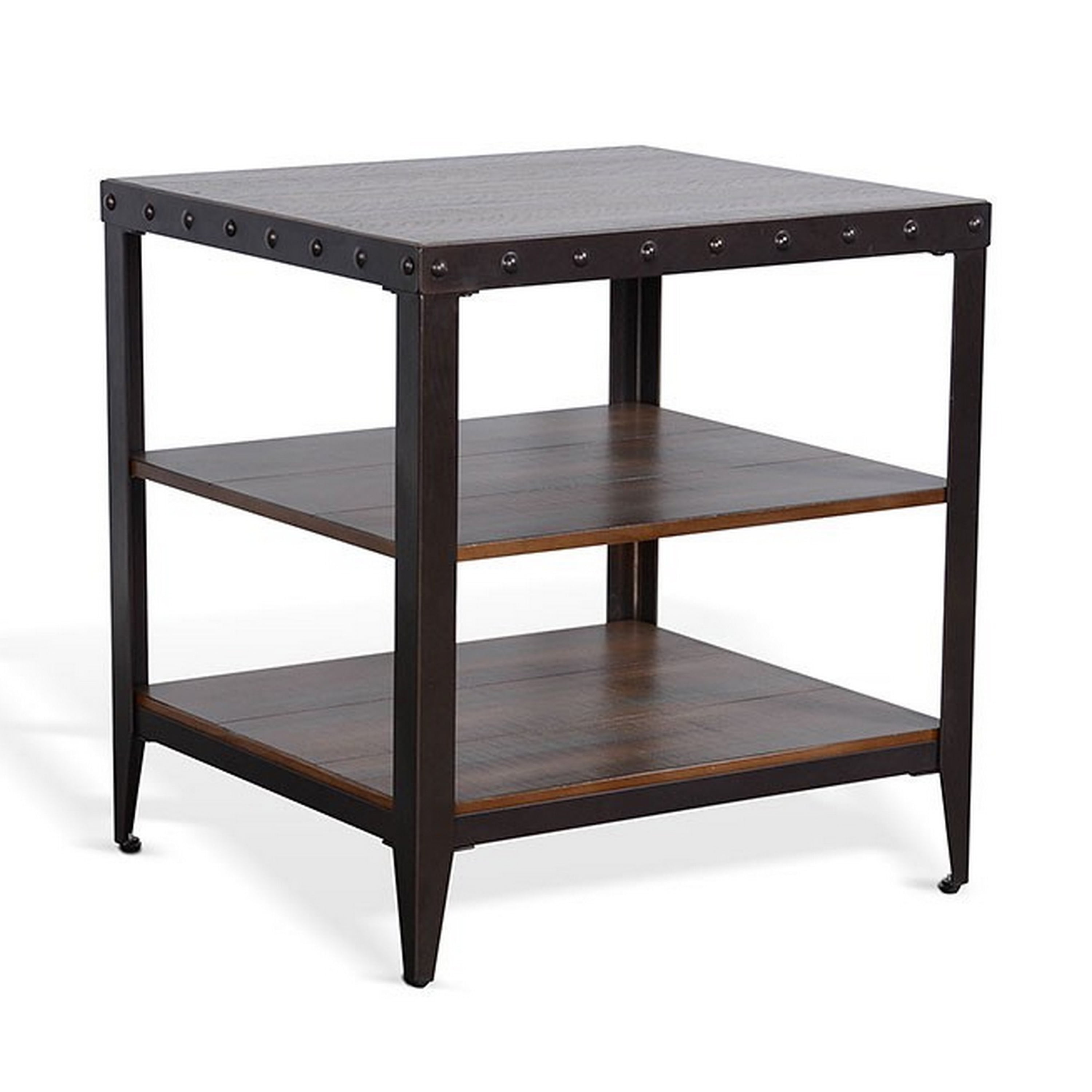Ayka Side End Table w 2 Shelf, Nailhead, 24 Inch Rectangular Brown ...