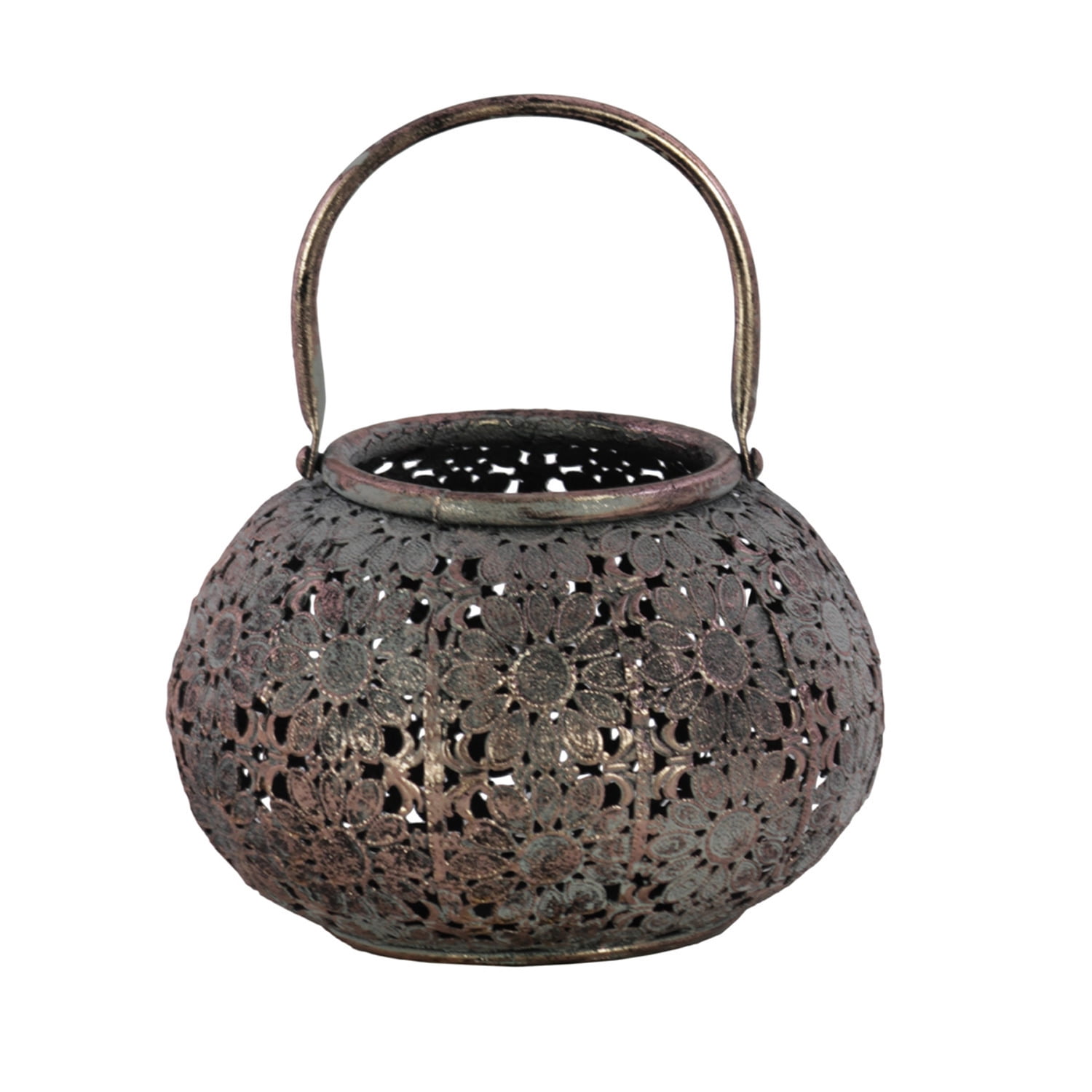 Benjara BM208649 Round Metal Lantern with Floral Pierced Design, Brown ...