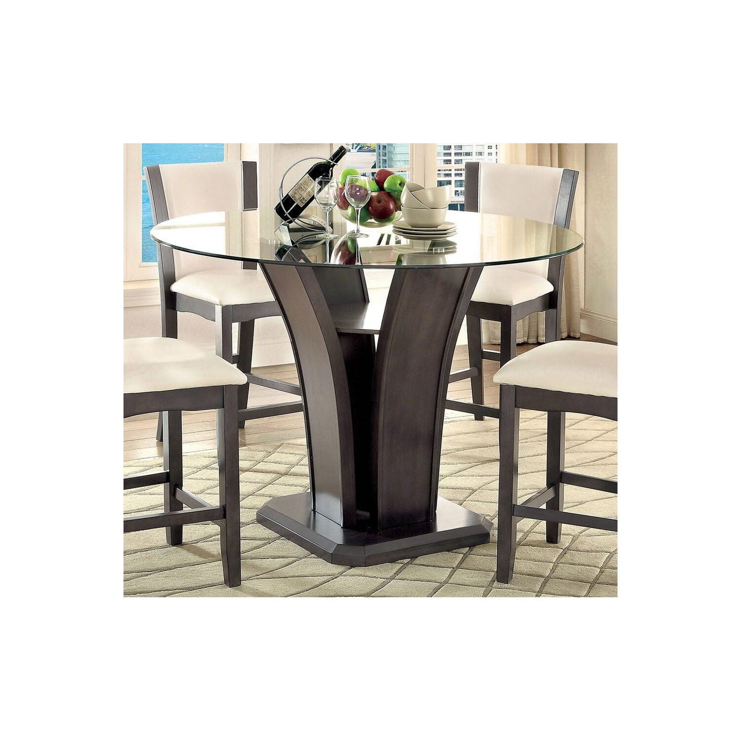 Benjara Contemporary Style Wooden Round Counter Table with Glass Top ...