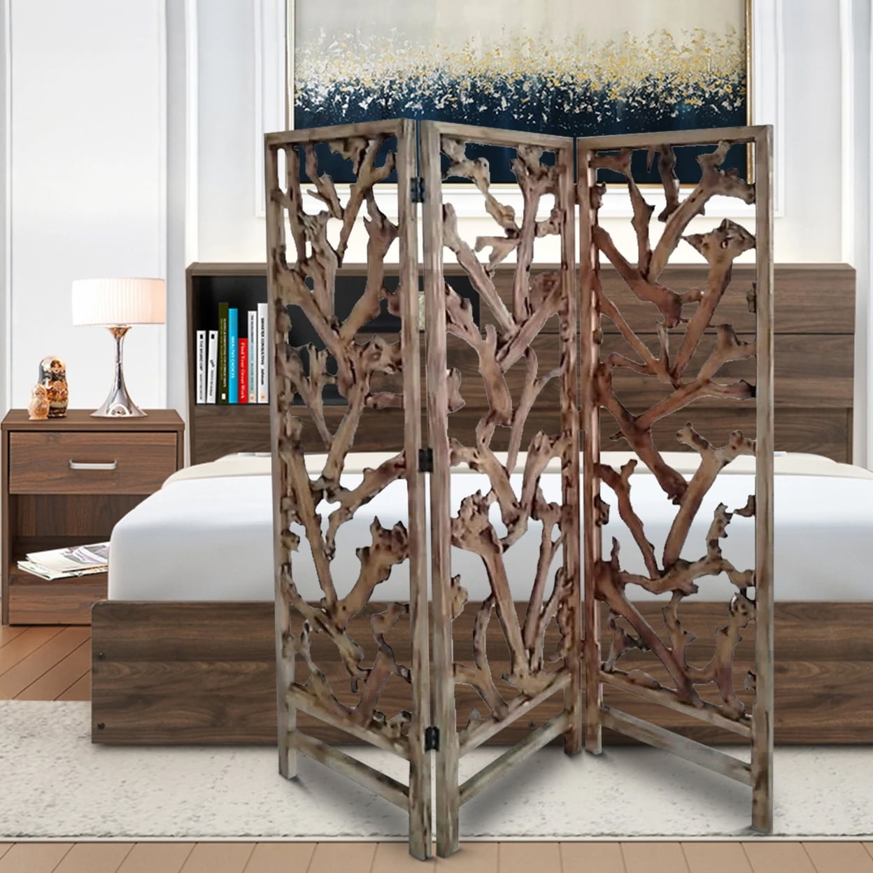 BenJara 72 Inch 3 Panel Screen Divider, Rustic, Mulberry Branch Design ...