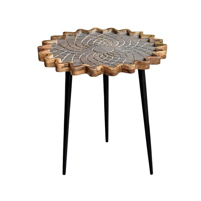 Benjara BM220958 Wood & Metal Side Table with Floral Engraving & Curved ...