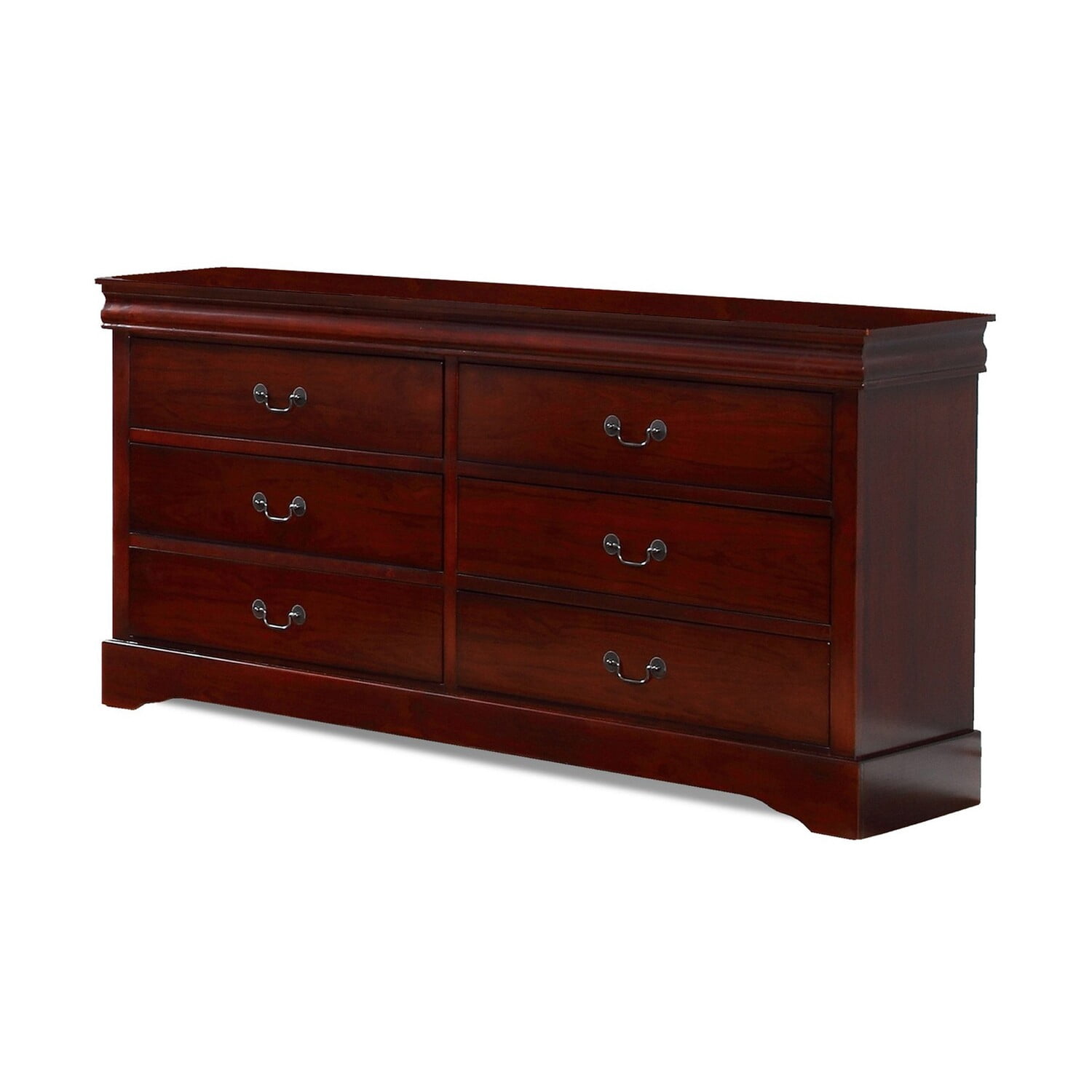 Liam 58 Inch 6 Drawer Wood Dresser Molded Trim Drop Handles Cherry ...