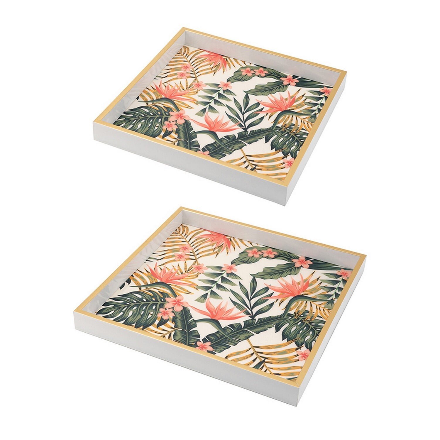 Benjara Floral Printed Decorative Trays- Crisp White/Pink- Green (Set ...