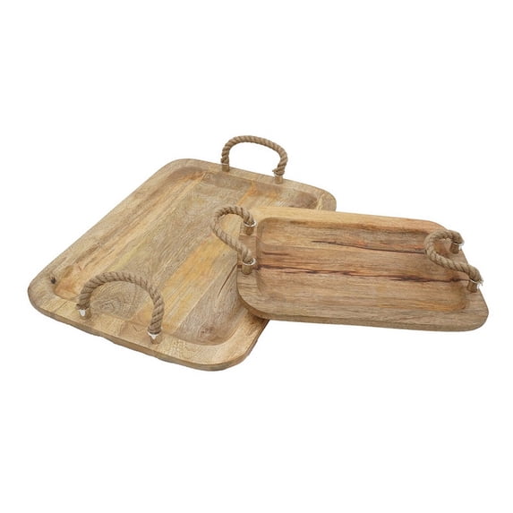 Benjara Set of 2 Mango Wood Trays, Twisted Jute Handles, Rustic Brown ...