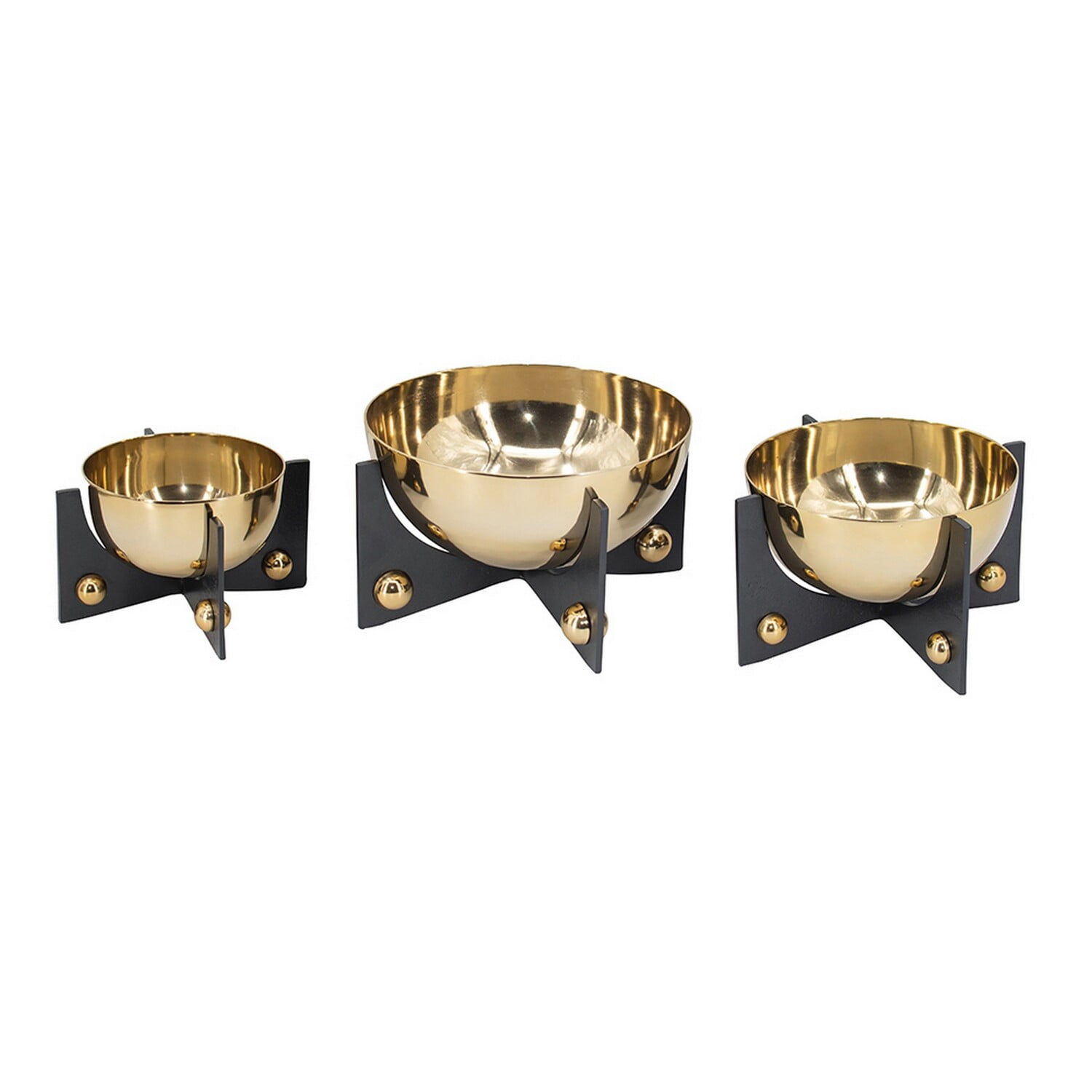Set of 3 Aluminum Round Decorative Bowls Gold Finish Jet Black Stand ...
