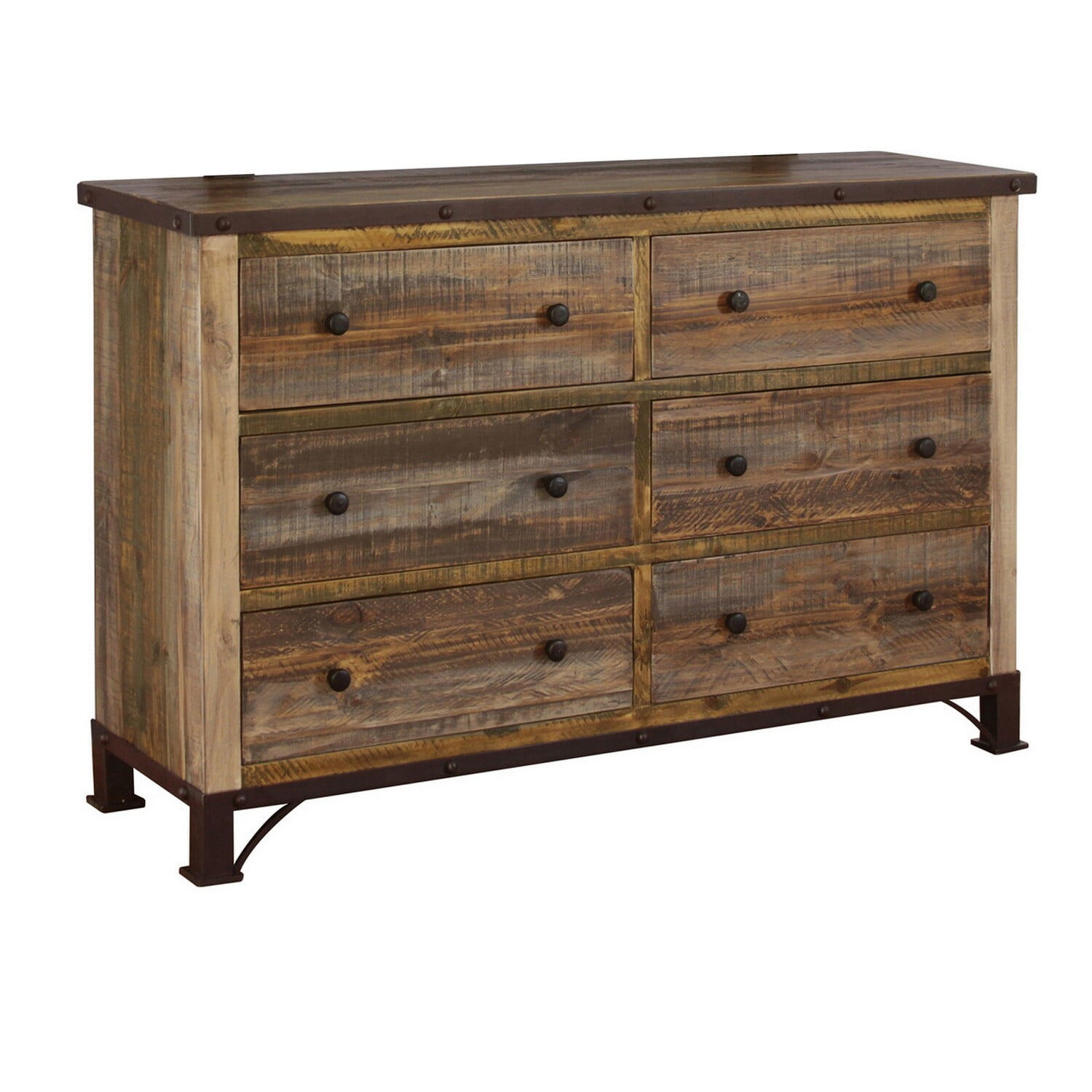 Fena 61 Inch Wide 6 Drawer Dresser with Nailhead Trim, Multicolor Pine ...