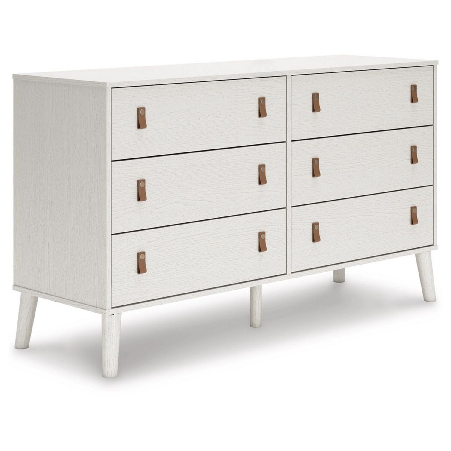 Nina 59 Inch 6 Drawer Wide Dresser, Brown Faux Leather Handles, White ...
