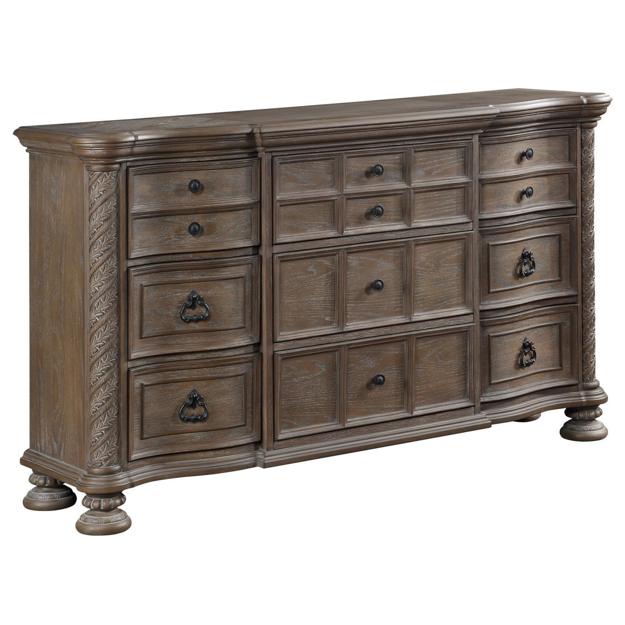 Emme 66 Inch Dresser with 9 Drawers and Bun Feet, Oak Brown Wood ...