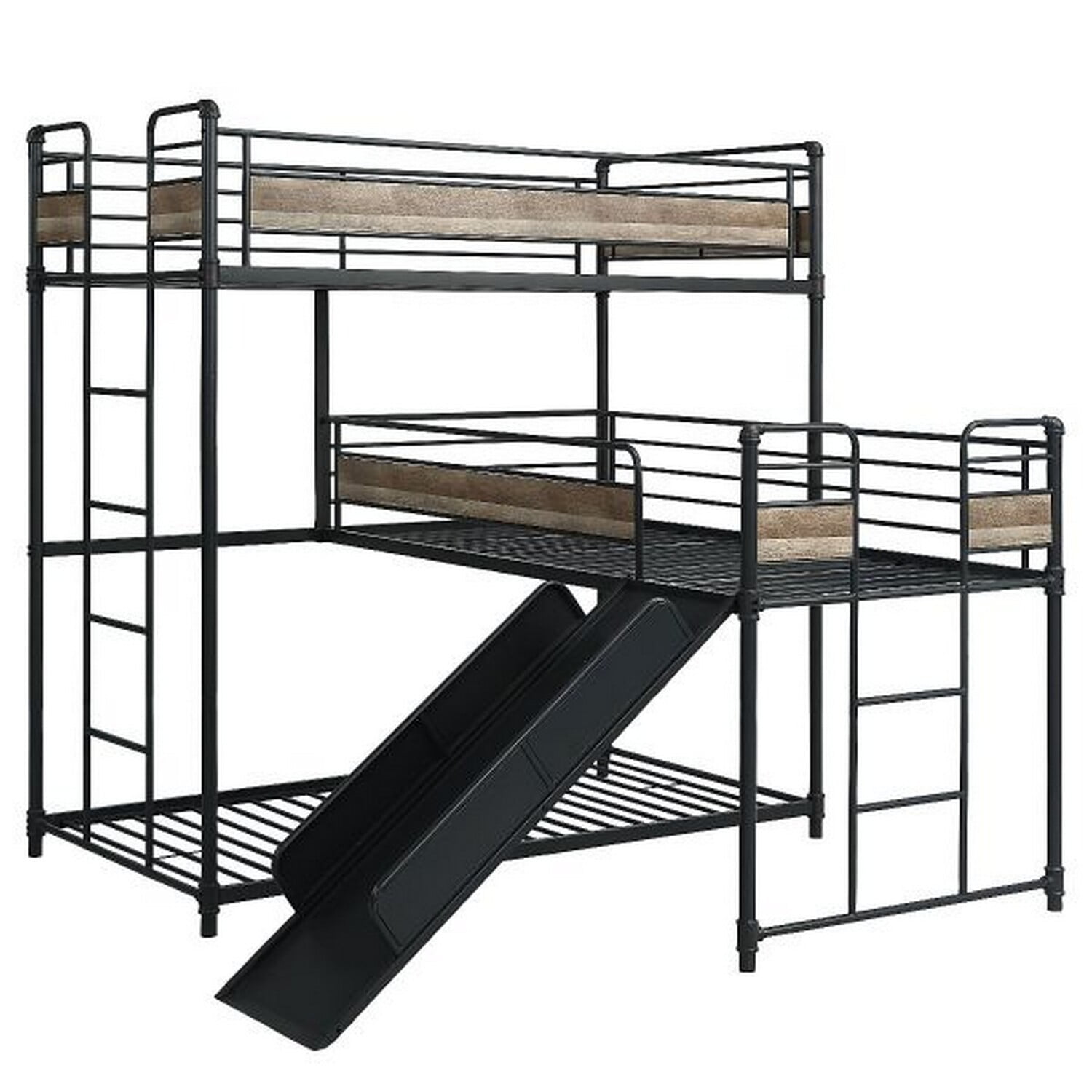 Benjara BM309644 MDF Antique Oak & Smooth Triple Twin Bunk Bed with ...