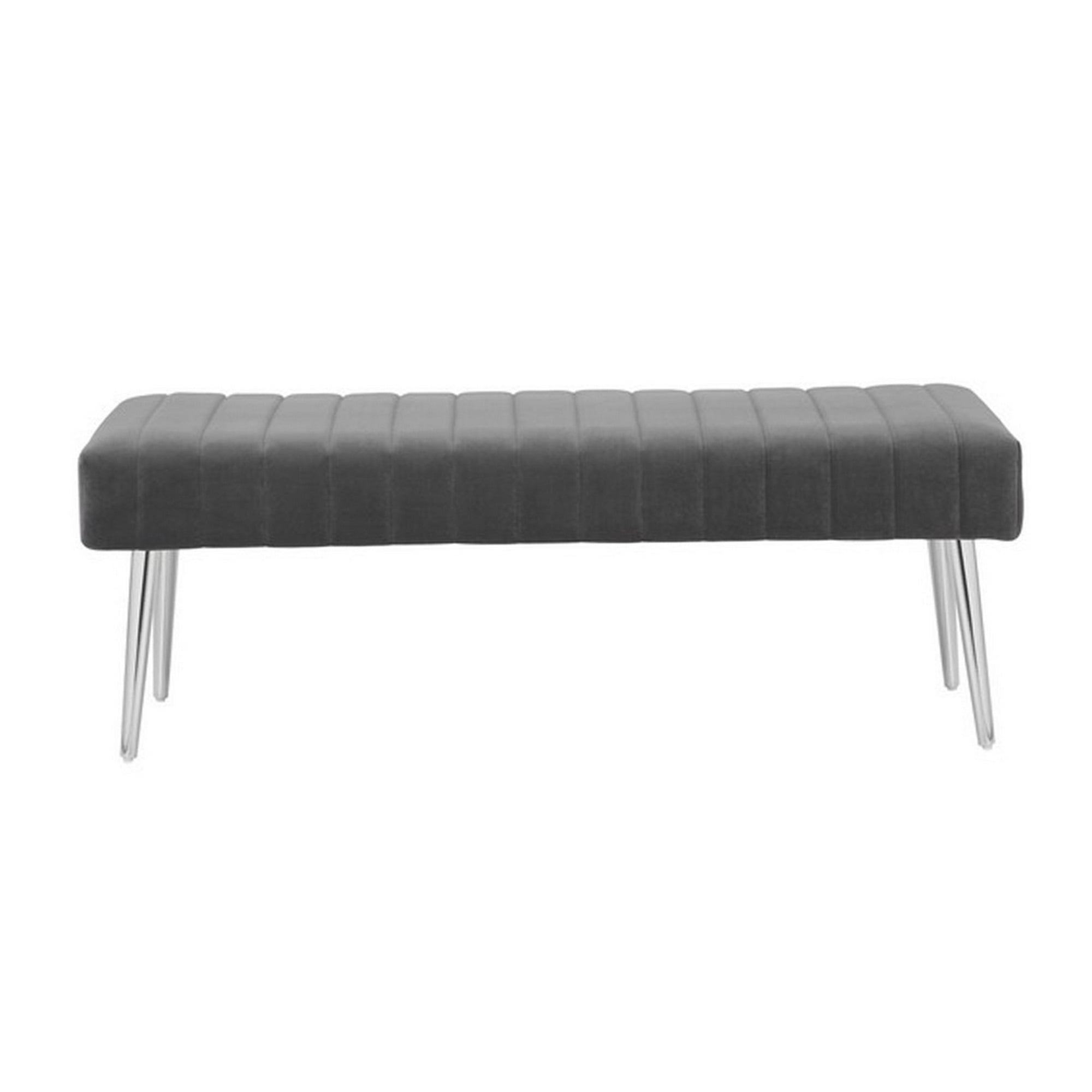 Lida 45 Inch Bench, Modern Tufted Lines, Gray Soft Velvet, Chrome Metal ...