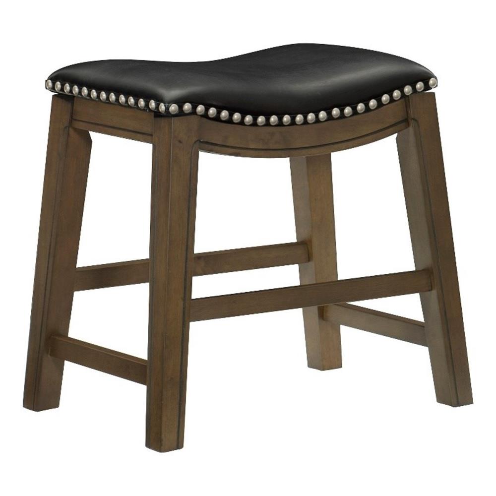 Miel 20 Inch Dining Stool- Black Faux Leather and Brown Solid Wood ...