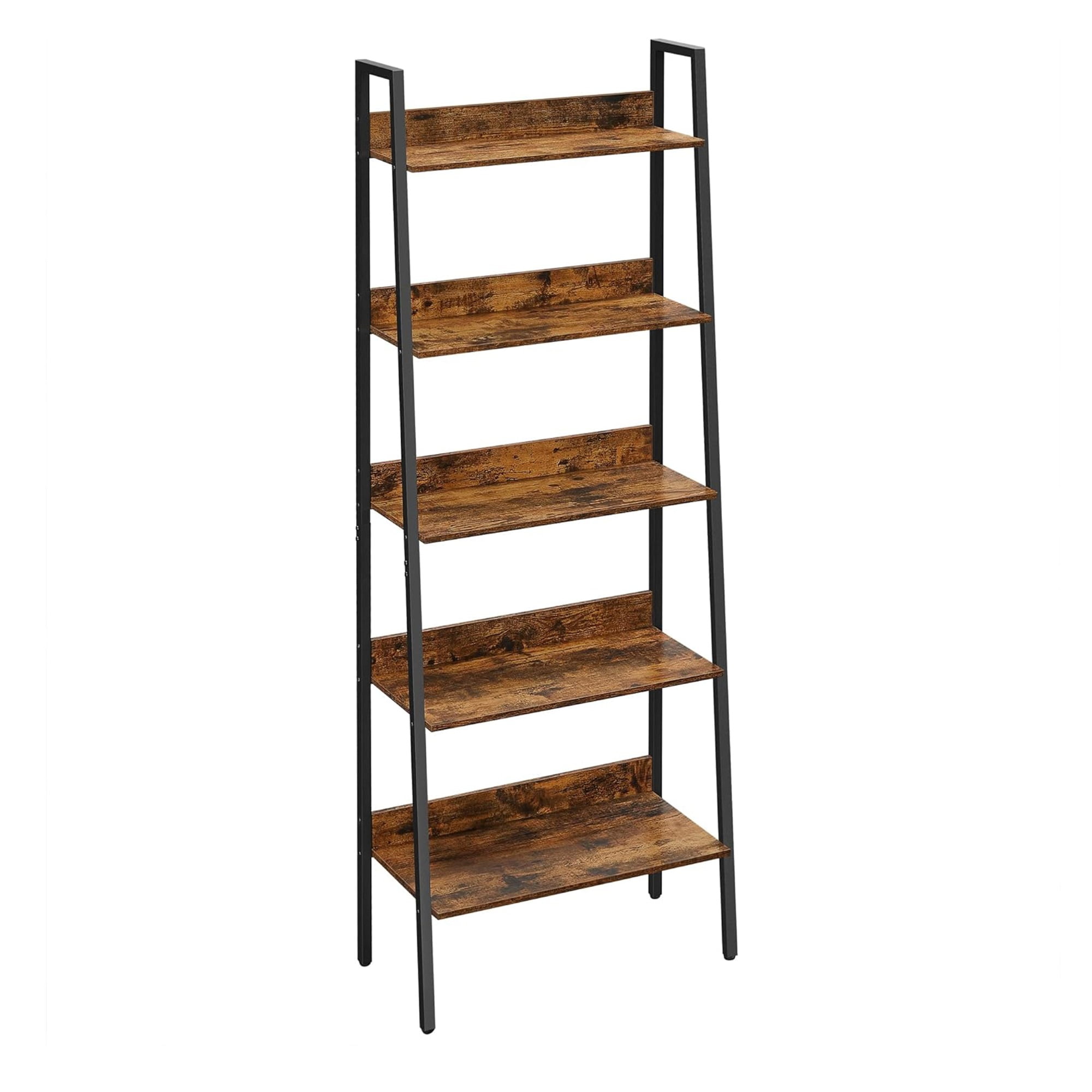 70 Inch Ladder Bookcase, 5 Tier Angled Wood Shelves, Black Iron Frame ...