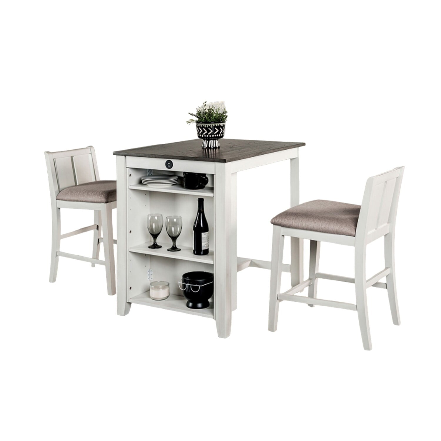 Benjara BM319793 3 Piece Lessi Counter Height Table Set with Side Shelf ...