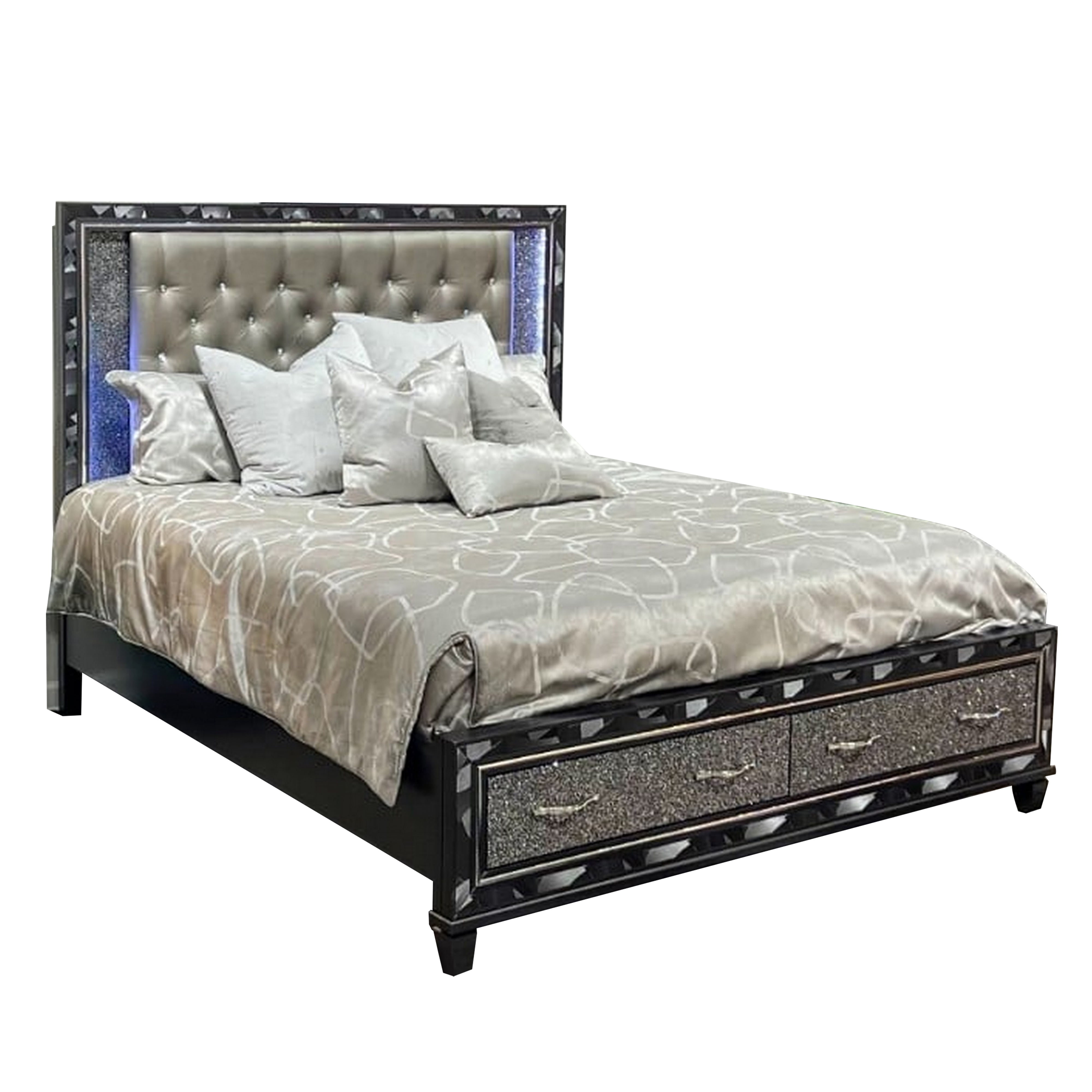 Bet Queen Bed, Silver Faux Leather Upholstery, LED, Crystal Accents ...