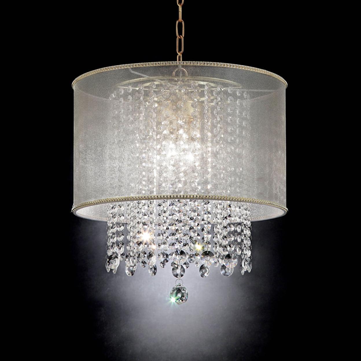 Benjara Ceiling Lamp with Hanging Crystal Droplets and White Drum Shade ...