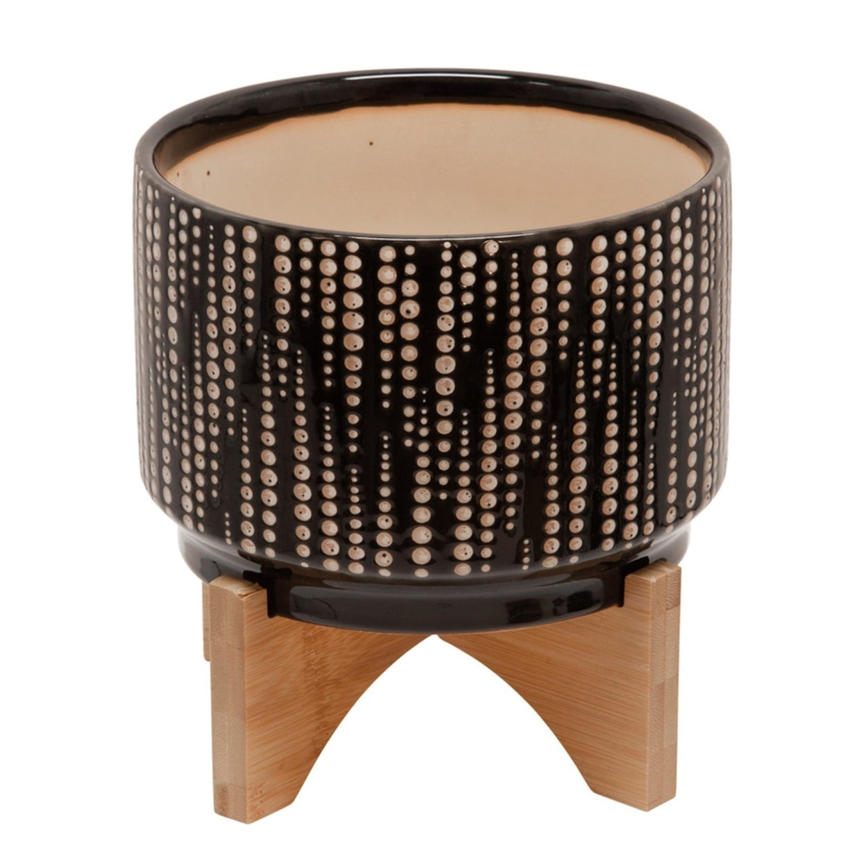 Ceramic Planter with Dotted Pattern and Wooden Stand, Brown - Walmart.com