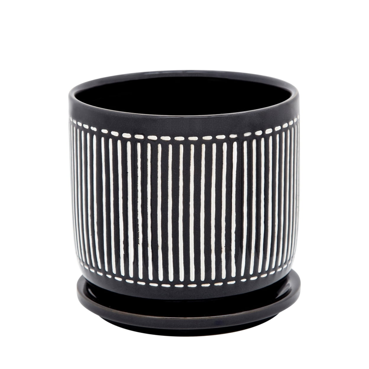 Benjara Ceramic Planter with Lines Pattern and Saucer, Black and White ...