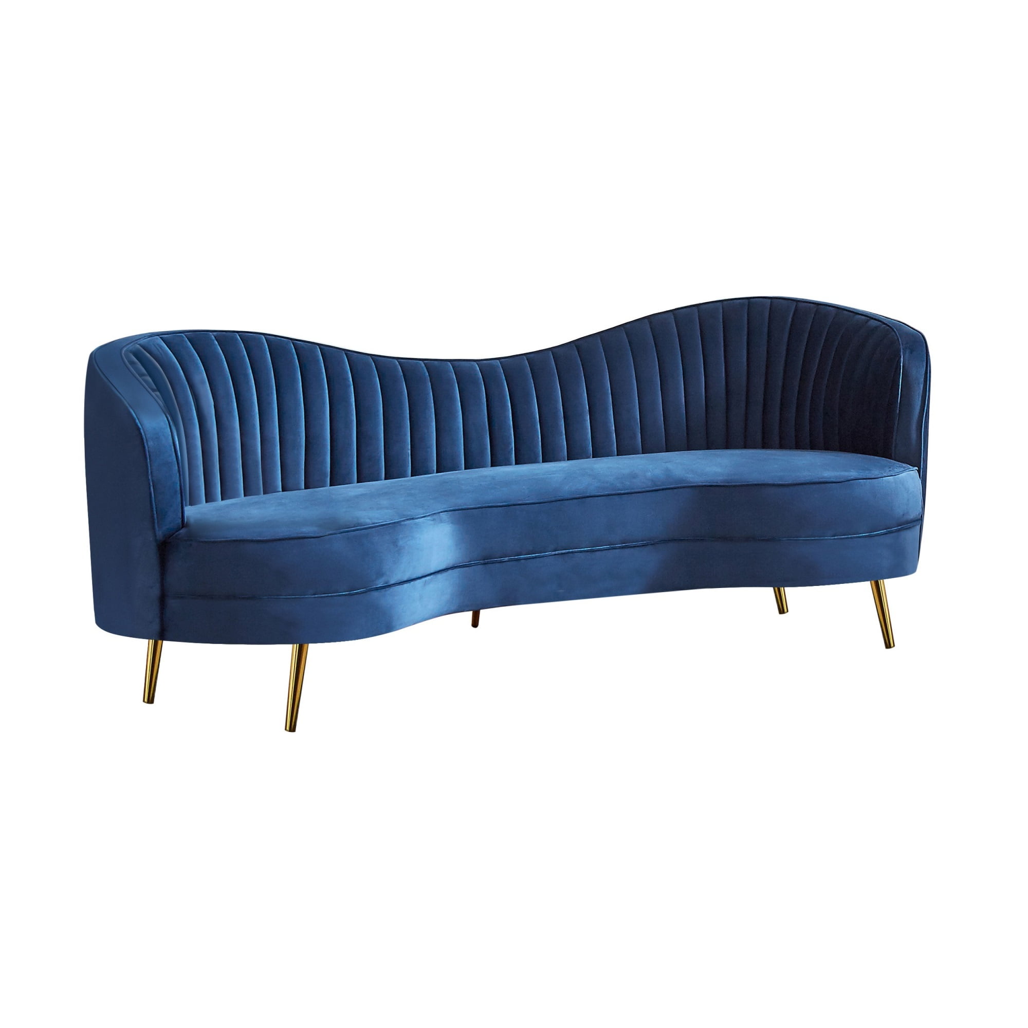Benjara Chad 84'' Retro Sofa, Blue Velvet, Gold Legs, Tufted, Inverted ...