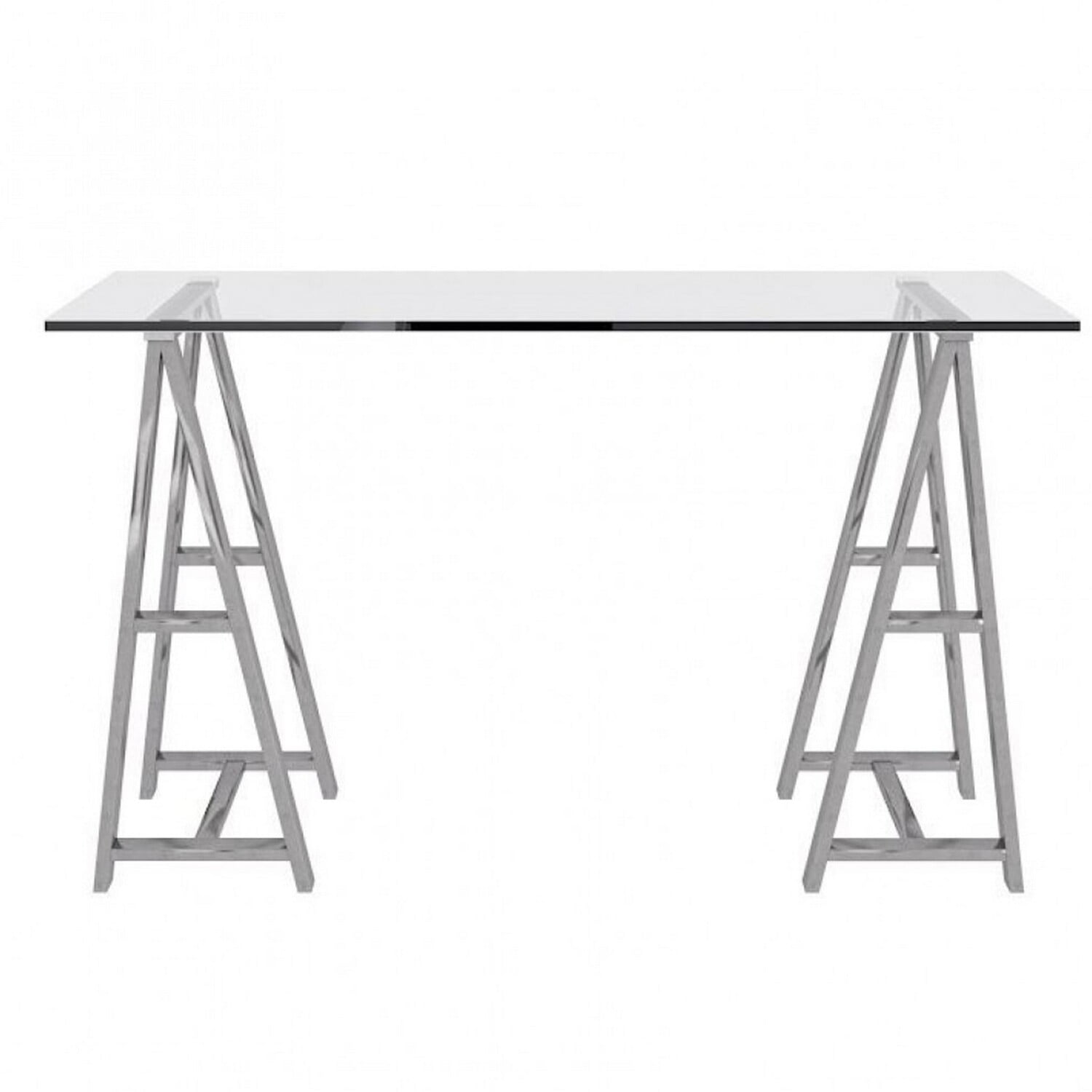Benjara Cid 59 Inch Modern Office Desk Table, Glass Top, Steel Trestle ...
