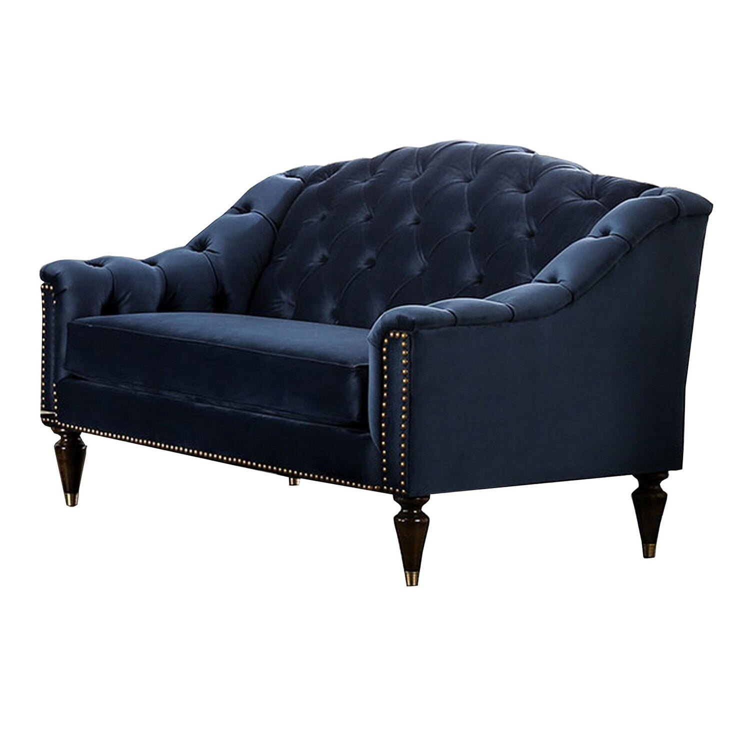 Cin 68 Inch Loveseat, Tufted Camelback Bench Seat, Nailhead Trim, Blue ...